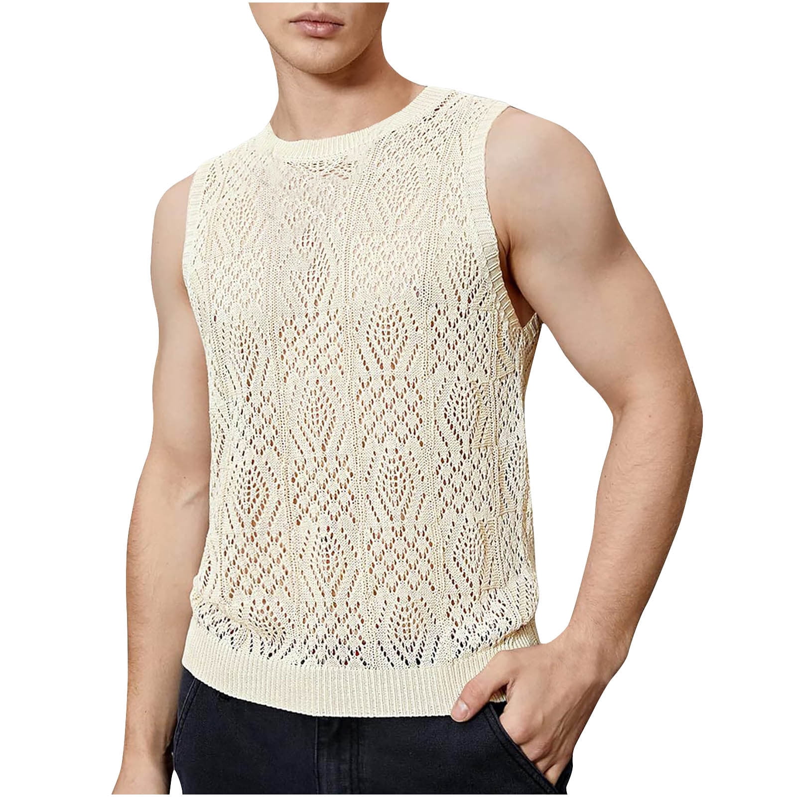HaoXianJian Mens Sleeveless Mesh Fishnet Tank Top Casual Cutout Muscle ...