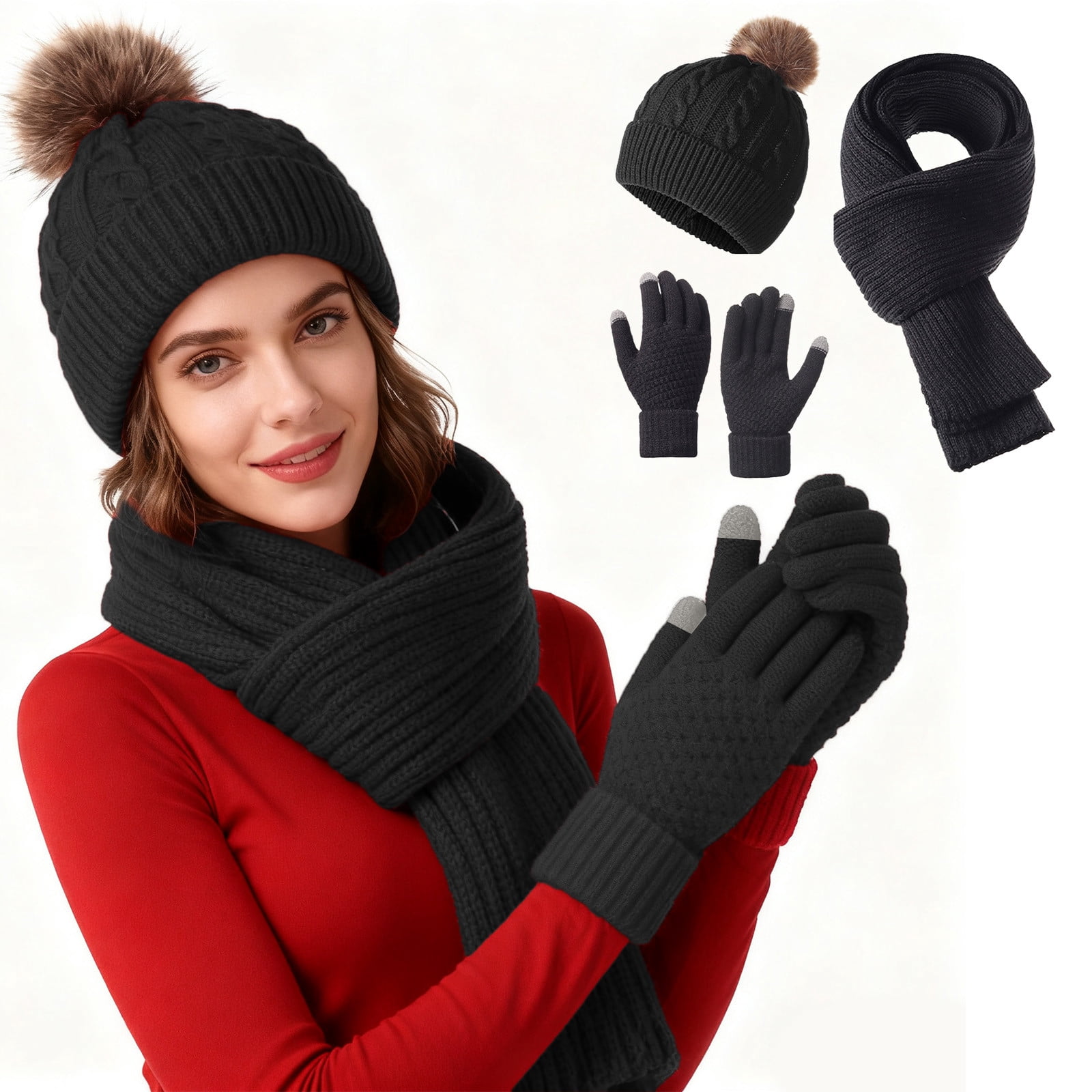 HaoXun 4 Pcs Solid Color Knitted Hat Scarf Gloves Set - Velvet Winter ...