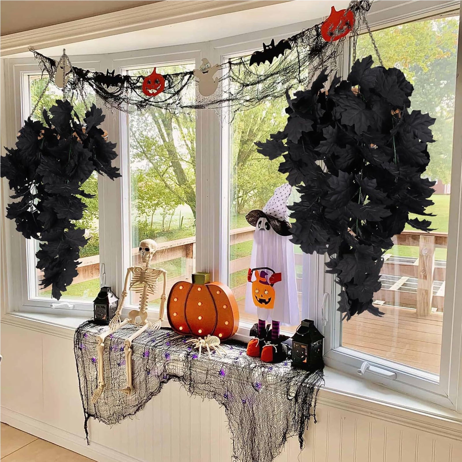 HaoXun Faux Black Wall-Mounted Maple Leaf Halloween Rattan Decor | Durable Plastic Fall & Autumn ...