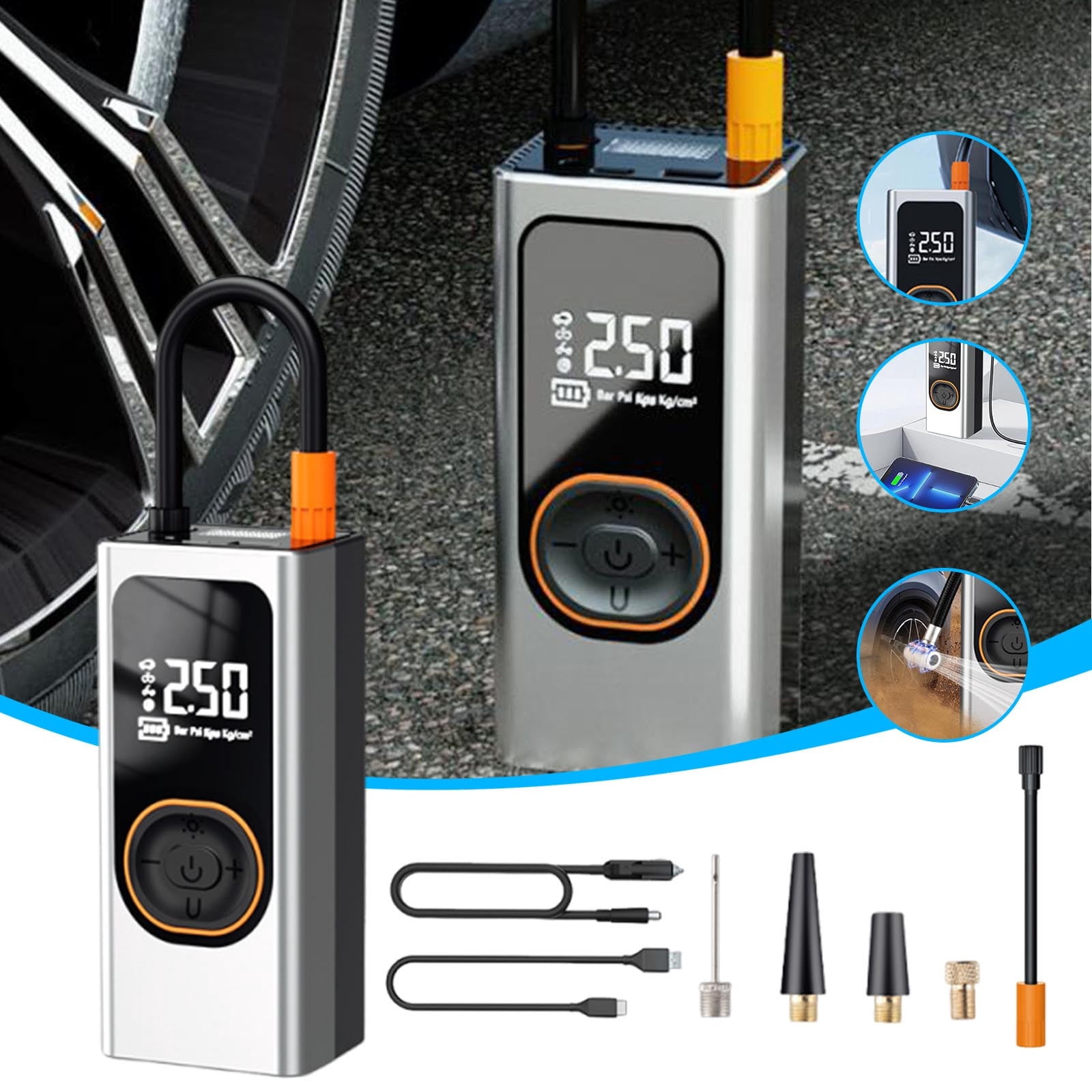 HaoXun Portable Wireless Car Tire Air Pump with 4000mAh Power Bank - 7 ...