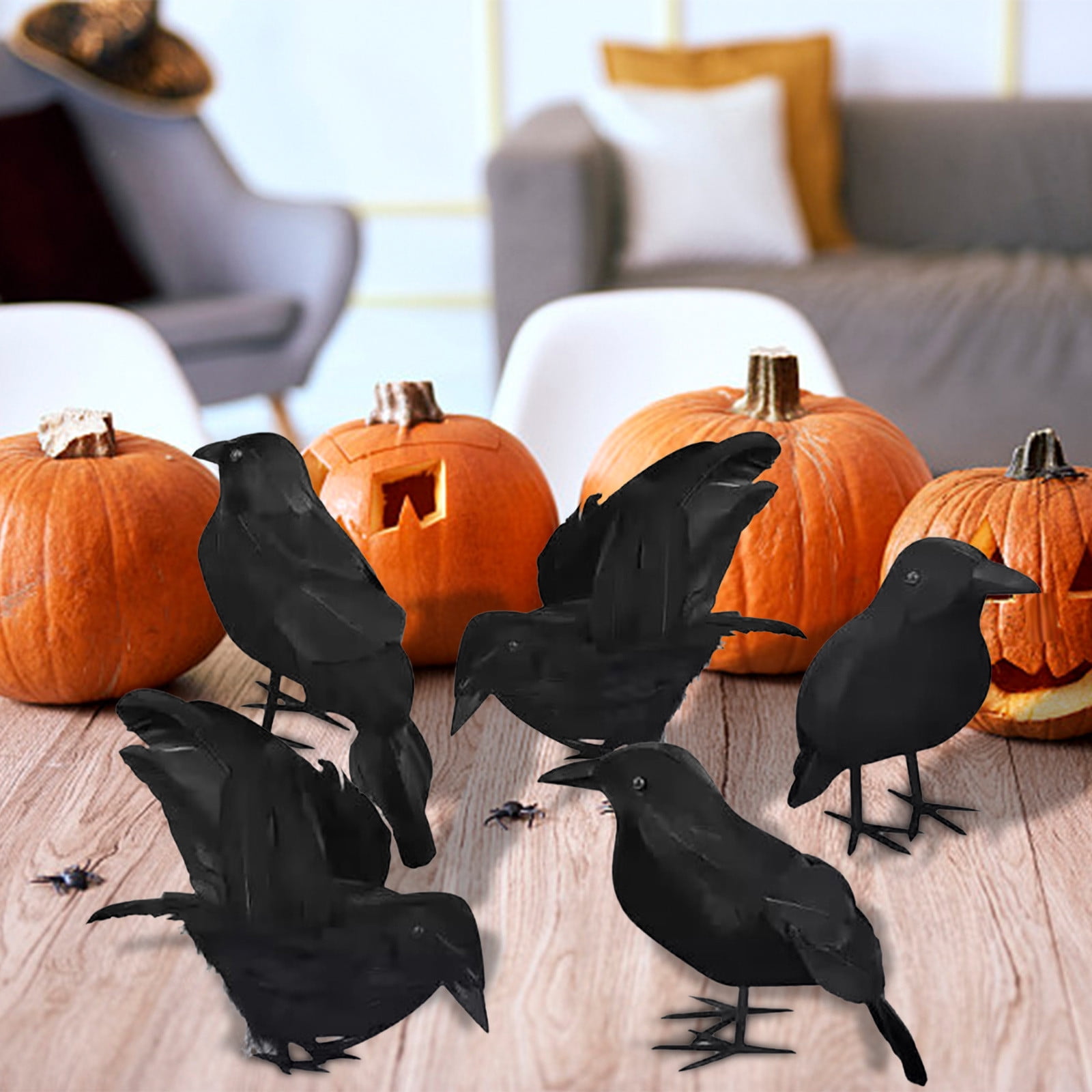 HaoXun Realistic Black Crow Decor Set of 6 - Lifelike Feather Halloween ...