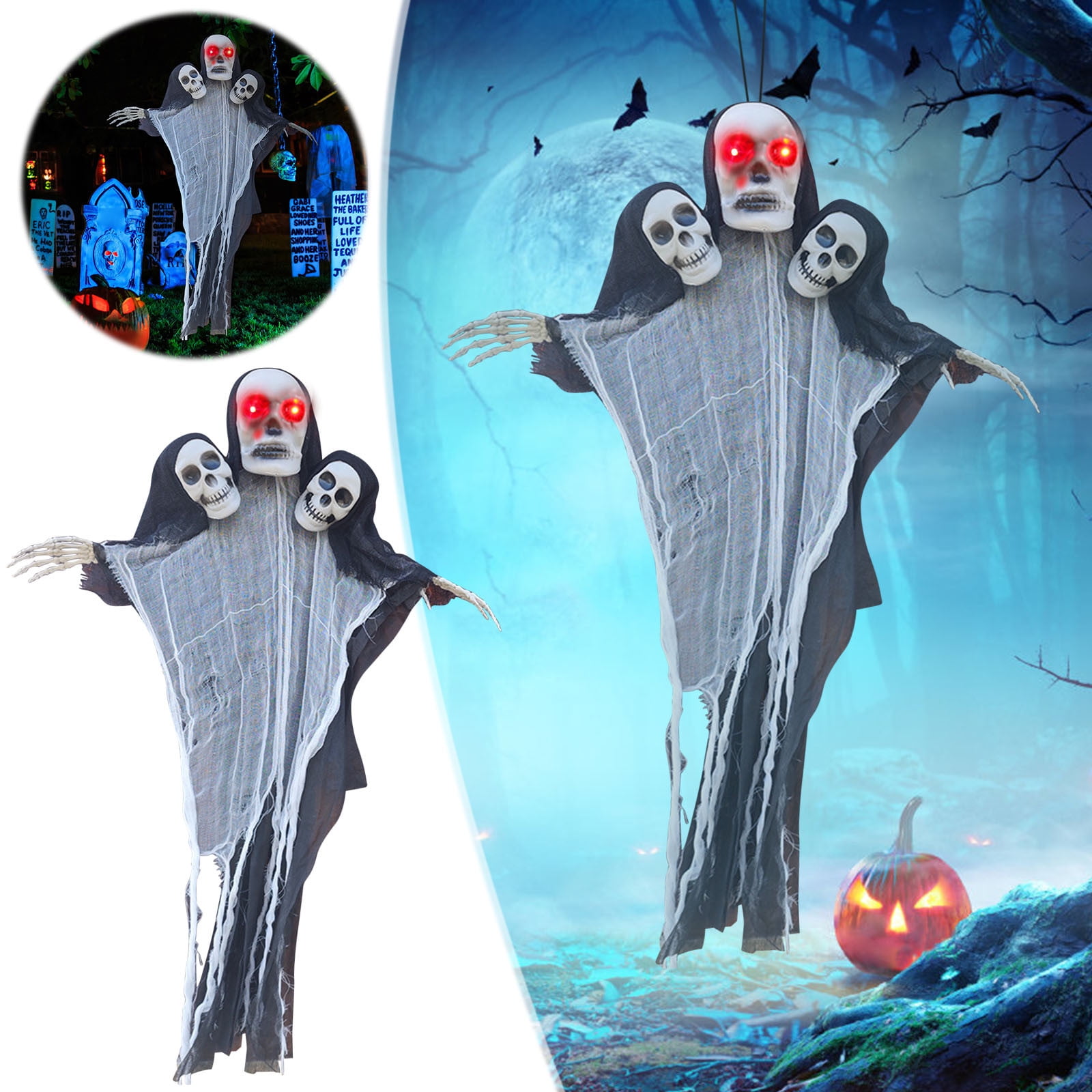 HaoXun Spooky Three Headed Ghost with Glowing Red LED Eyes - Large 7 ...