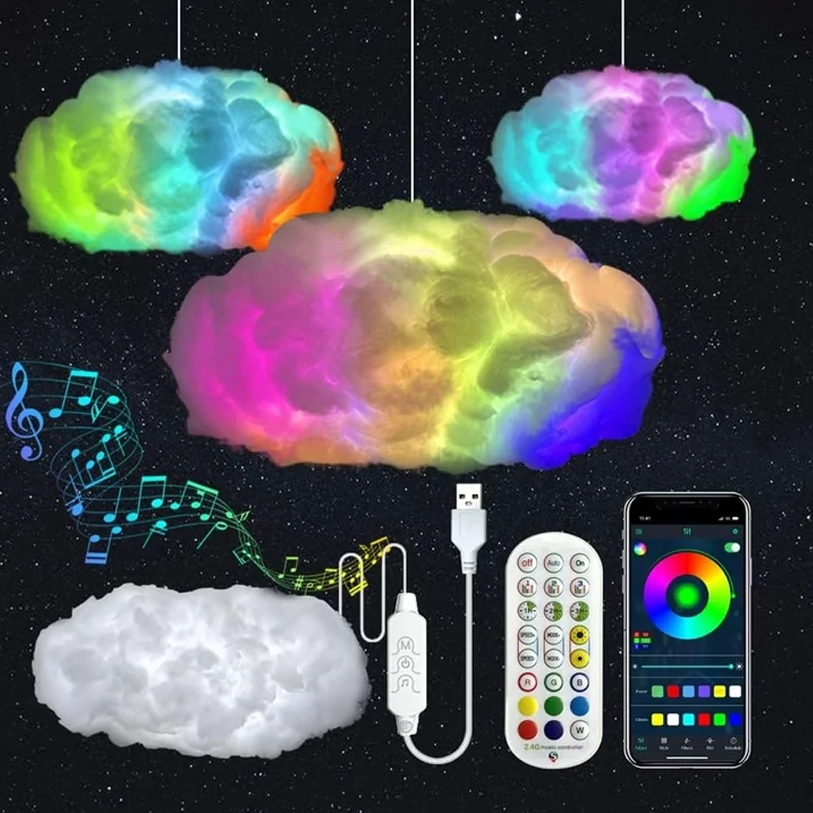 Haokaini 3D Cloud Lightning LED Light, RGB, Music Sync, Wireless Remote ...