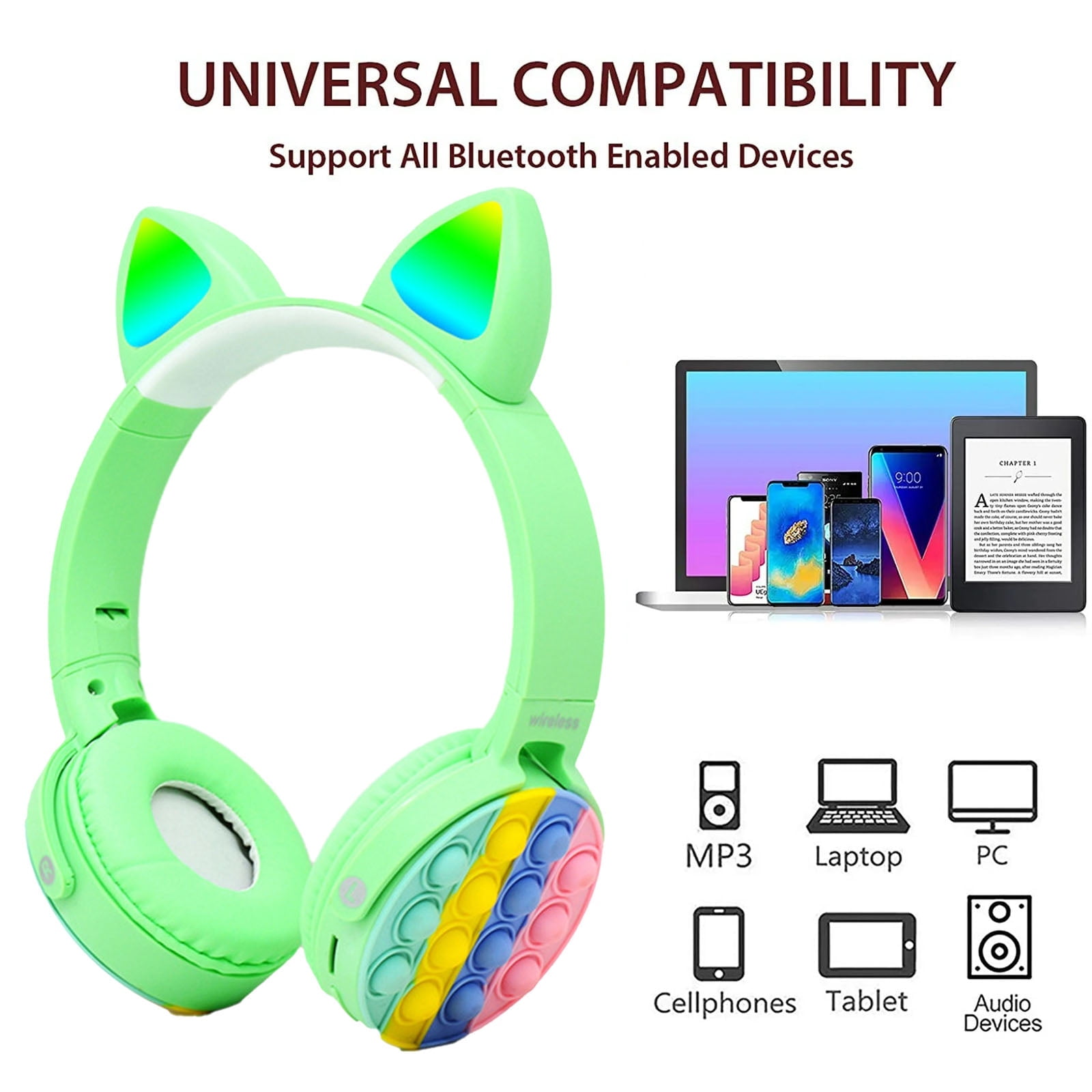 Haokaini Cat Ear Headphones, LED Light Up Bluetooth Headphones with ...