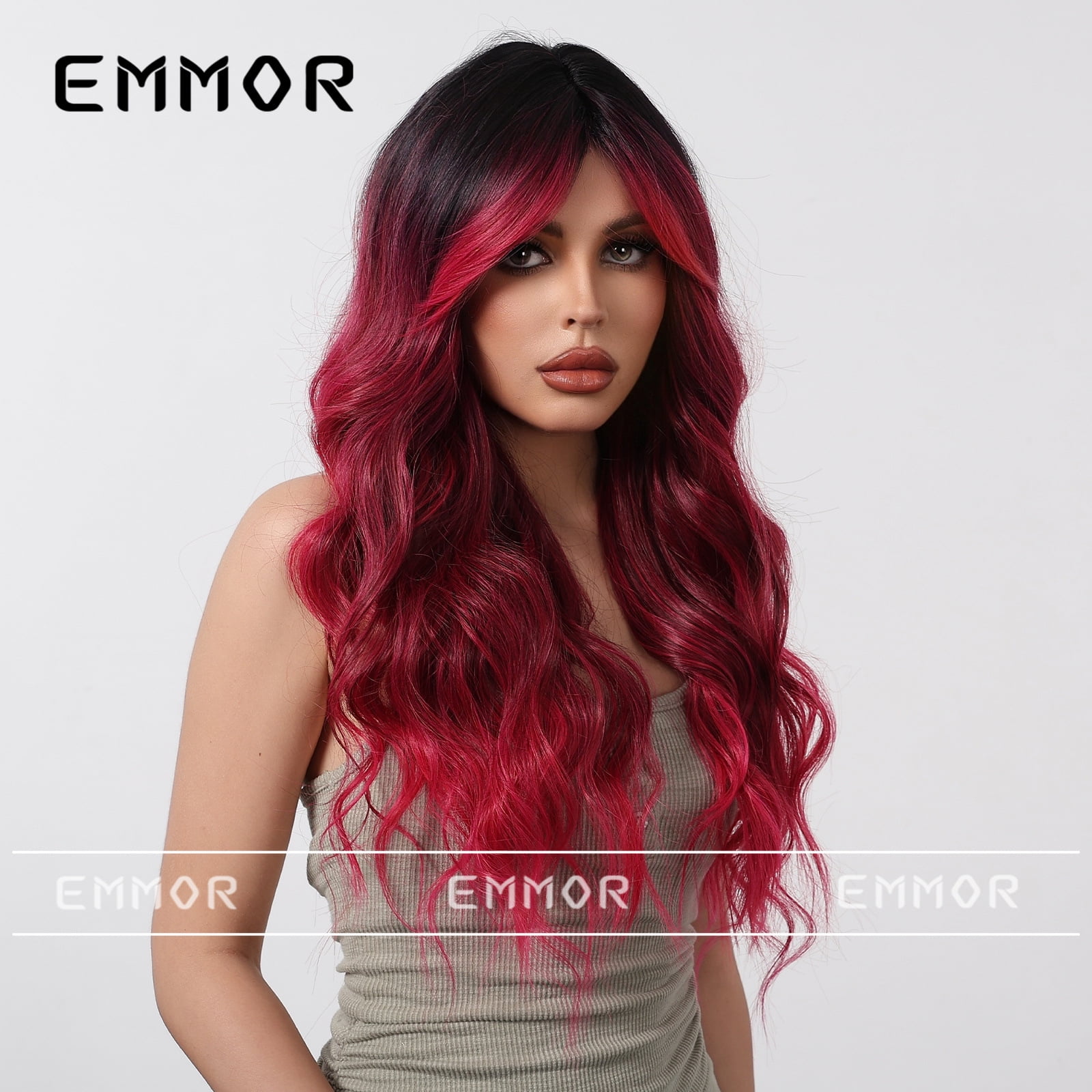 Haola Red Gradient Wig Eight-Word Bangs Big Wave Long Curly Hair ...