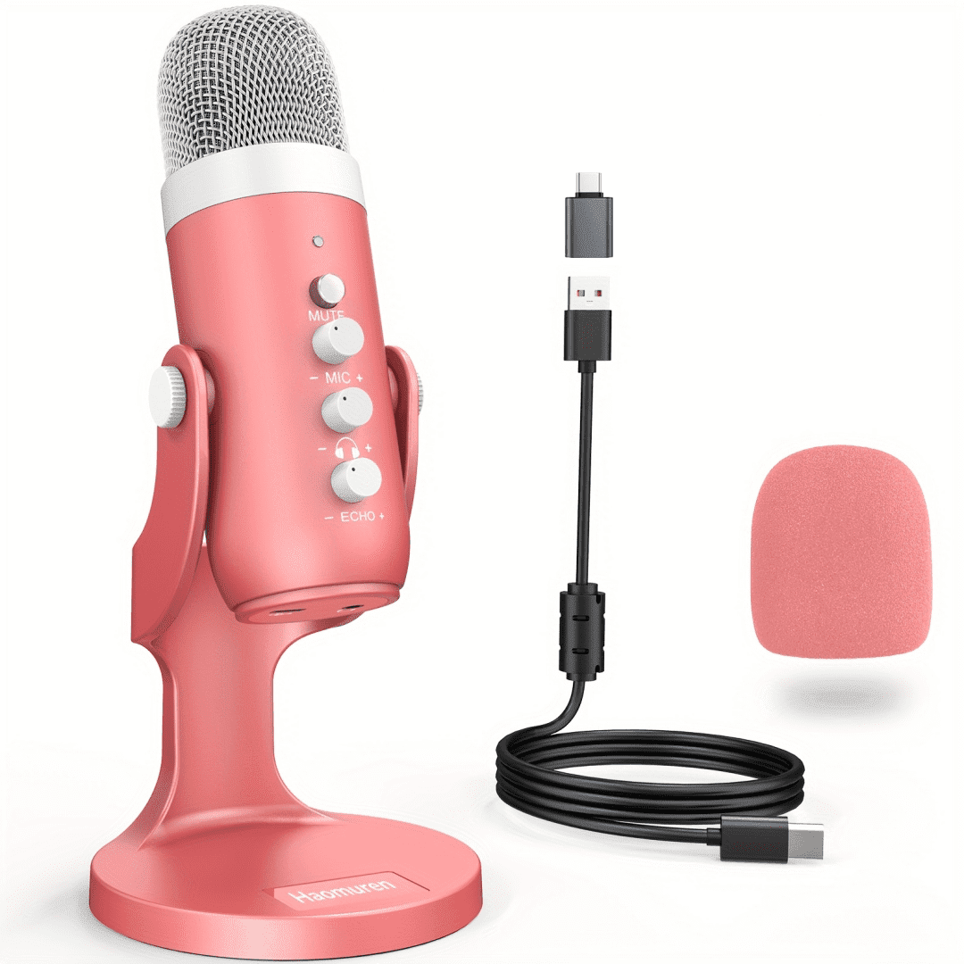 Haomuren Pink USB Gaming Microphone for PC/Phone/PS5, Studio Mic with Mute, Echo, Gain & Monitor ...