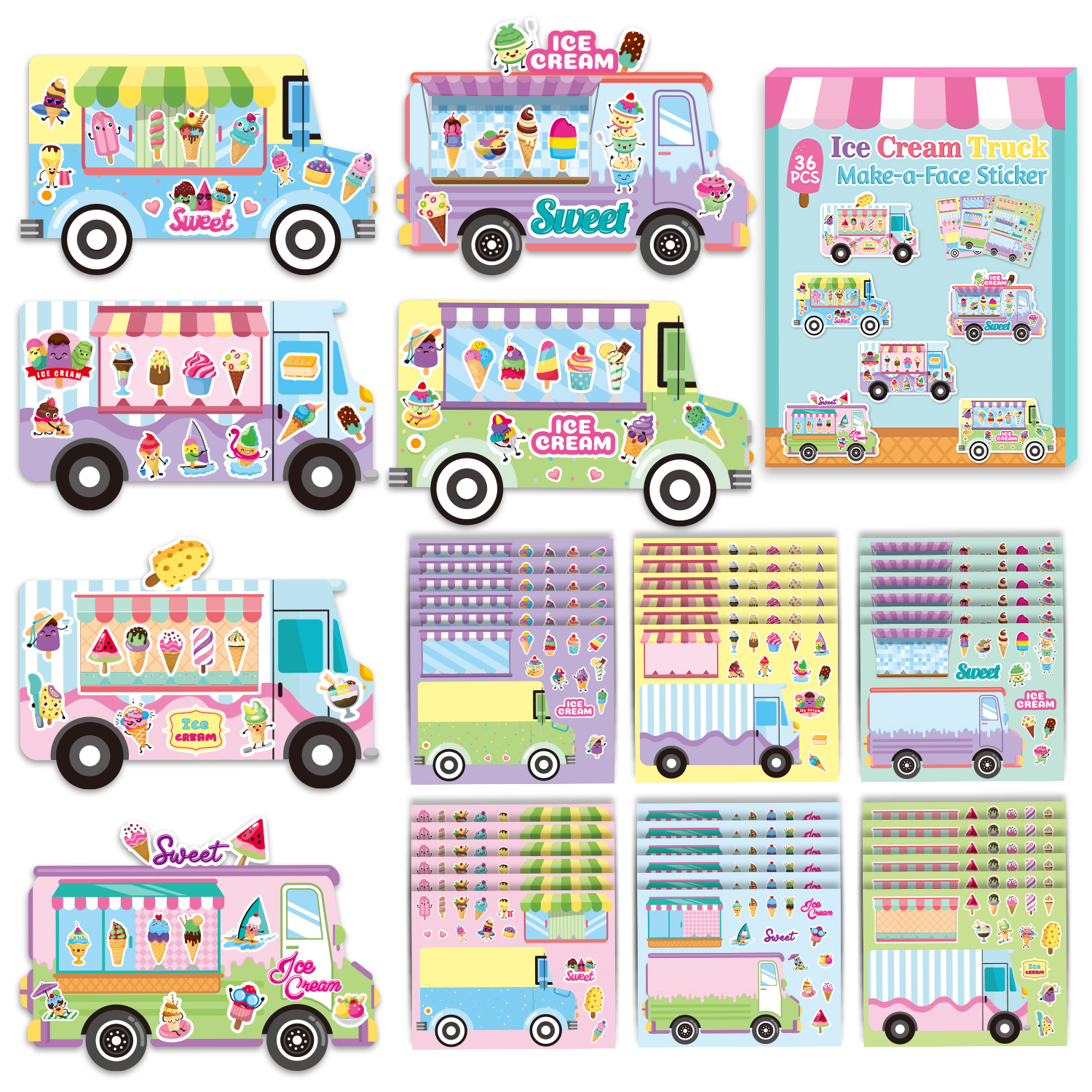 Haooryx Ice Cream Truck Face Sticker Set DIY Crafts for Kids, 6 Styles ...