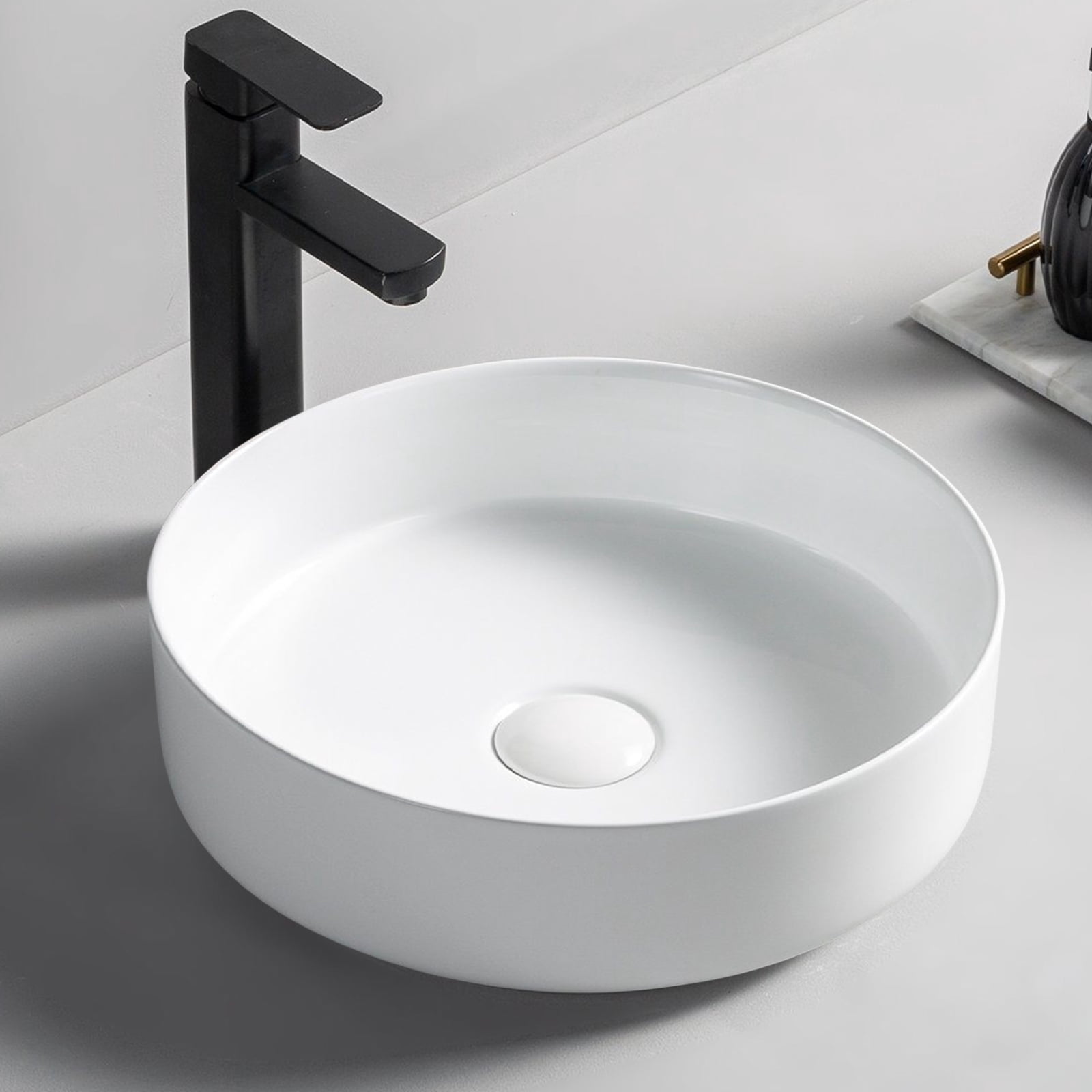 Haosegd Circular White Vessel Sink, Round Ceramic Above Counter Bowl ...