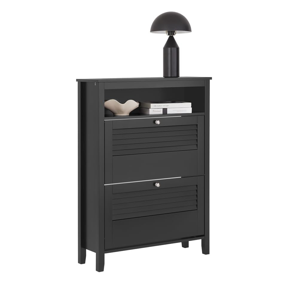 Haotian Black Shoe Cabinet for Entryway, Shoe Rack with 2 Flip-Drawers 1 Storage Cube, Hallway ...