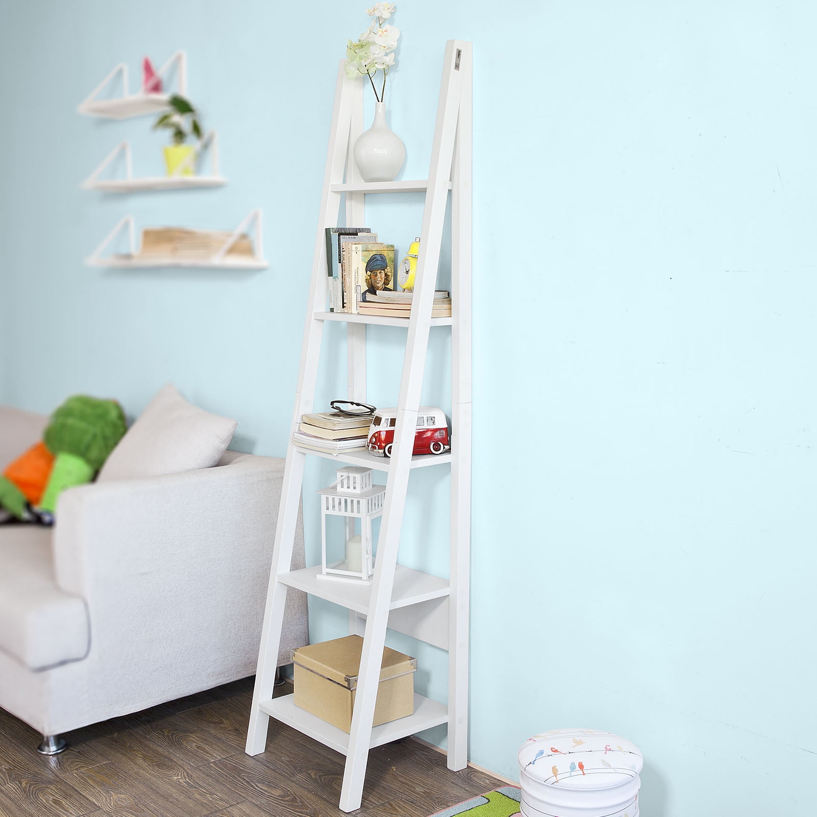 Haotian FRG101-W, White 5 Tiers Ladder Shelf Living room Storage ...