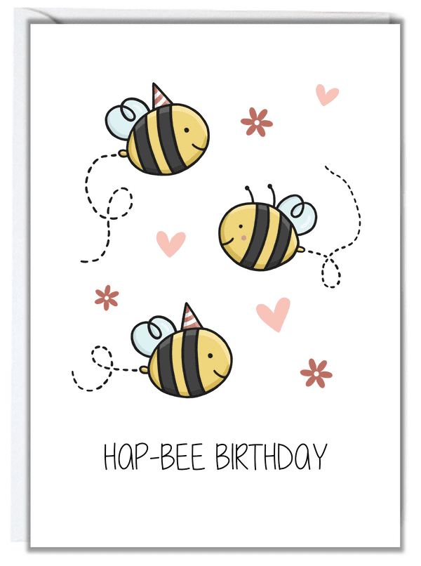 Hap-Bee Birthday Card – Cute Bee Design with Flowers – Envelope ...