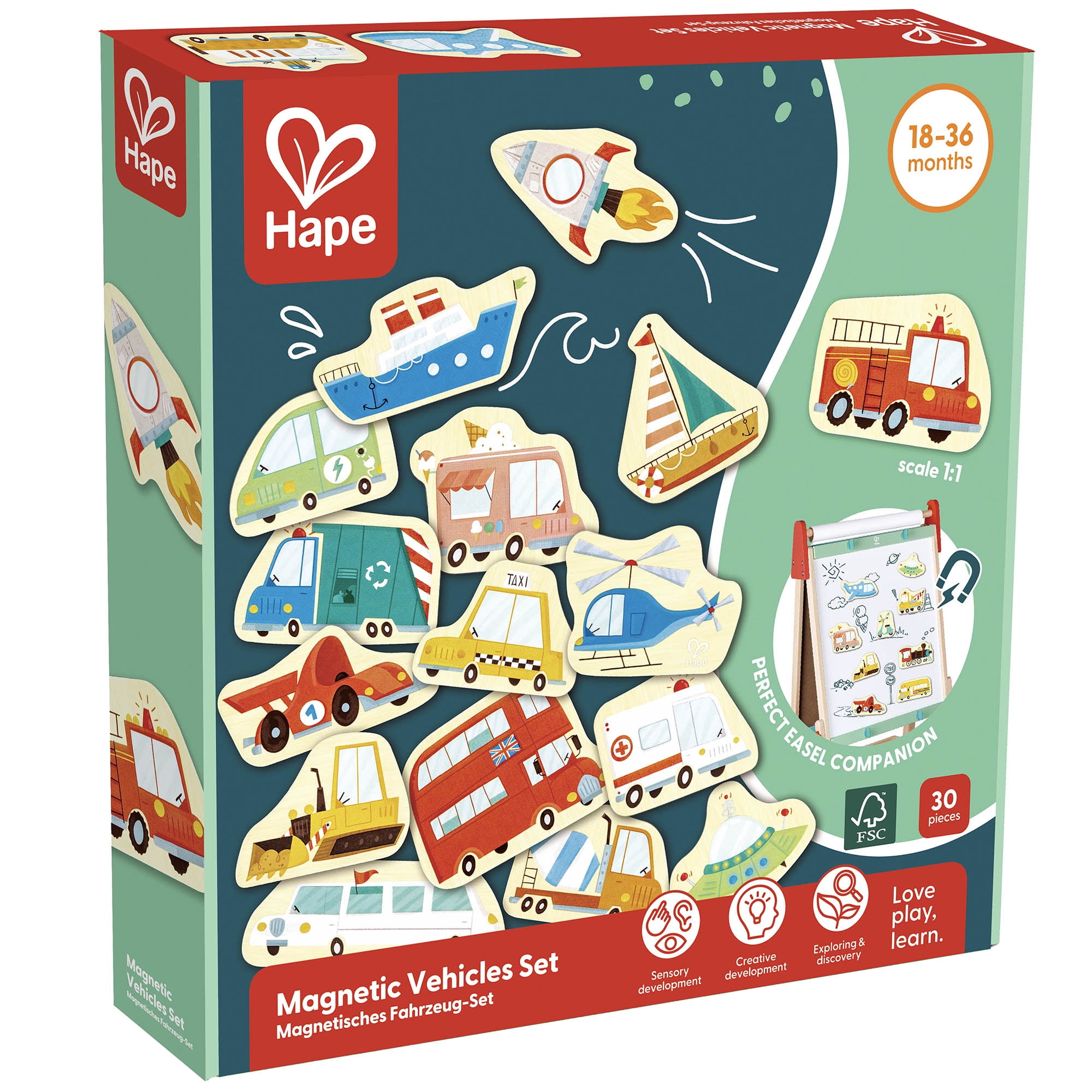 Hape: Magnetic Vehicles Set - 30pcs, Colorful Wooden Magnets, For Easels & Fridges, Land-Air-Sea ...