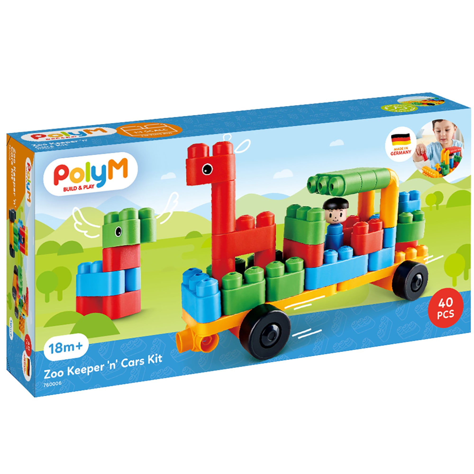 Hape: PolyM: Zoo Keeper 'n Cars Kit - 40pc Building Blocks Toy Set w ...