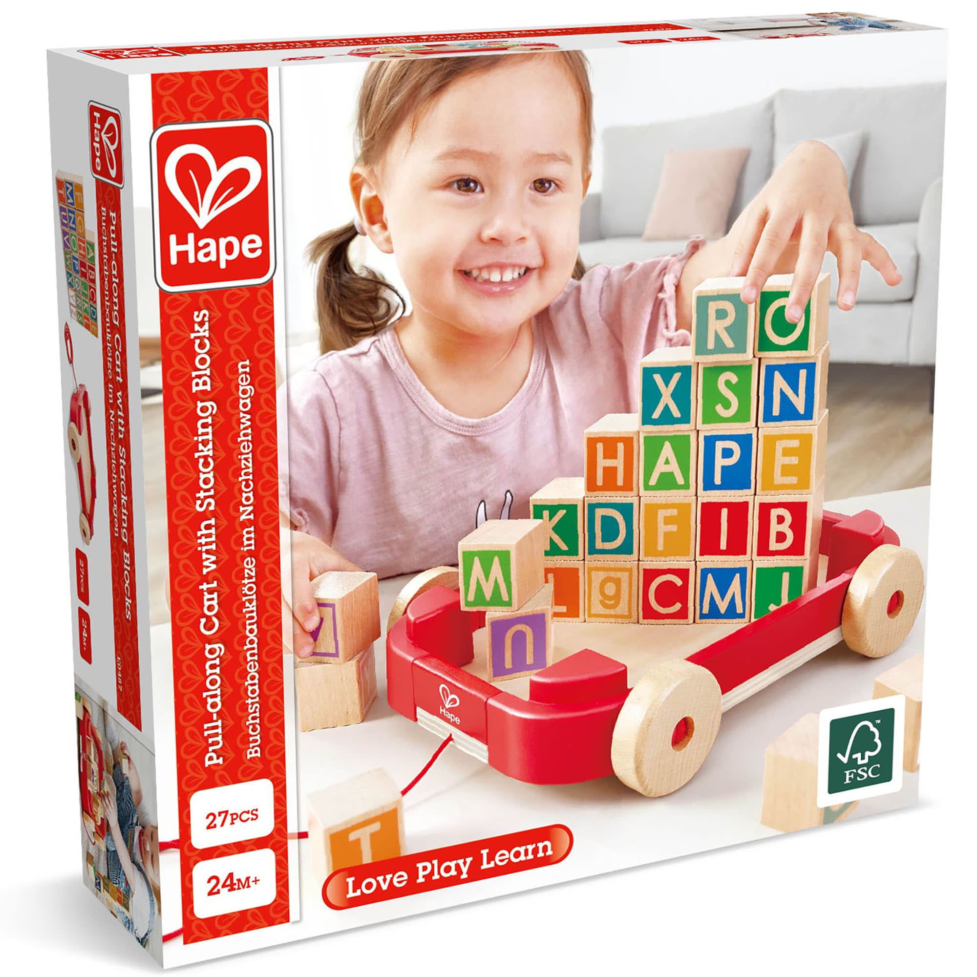 Hape: Pull-Along Cart With Stacking Blocks - Wooden Toy, ABC Letter Blocks, Load Into String ...