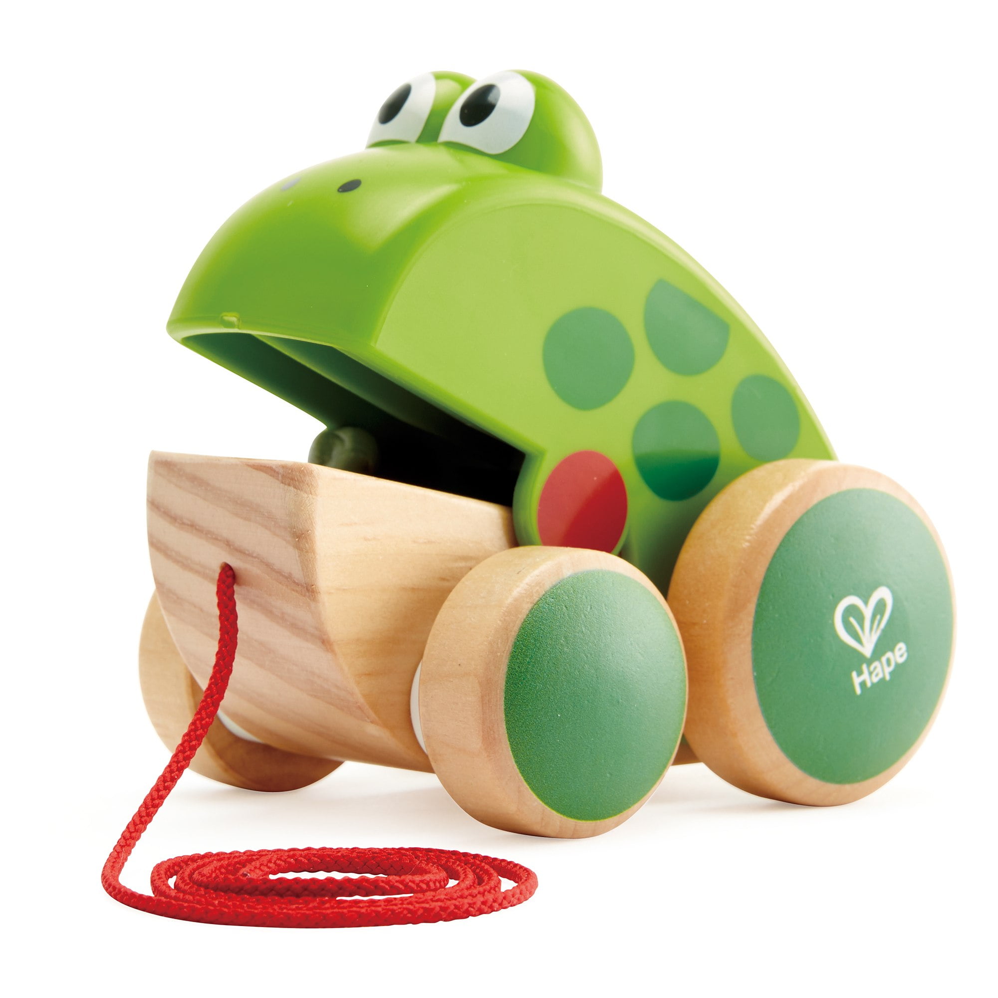 Hape: Pull Along Frog - Wooden Green Toy W/ Open & Close Mouth, Rubber ...