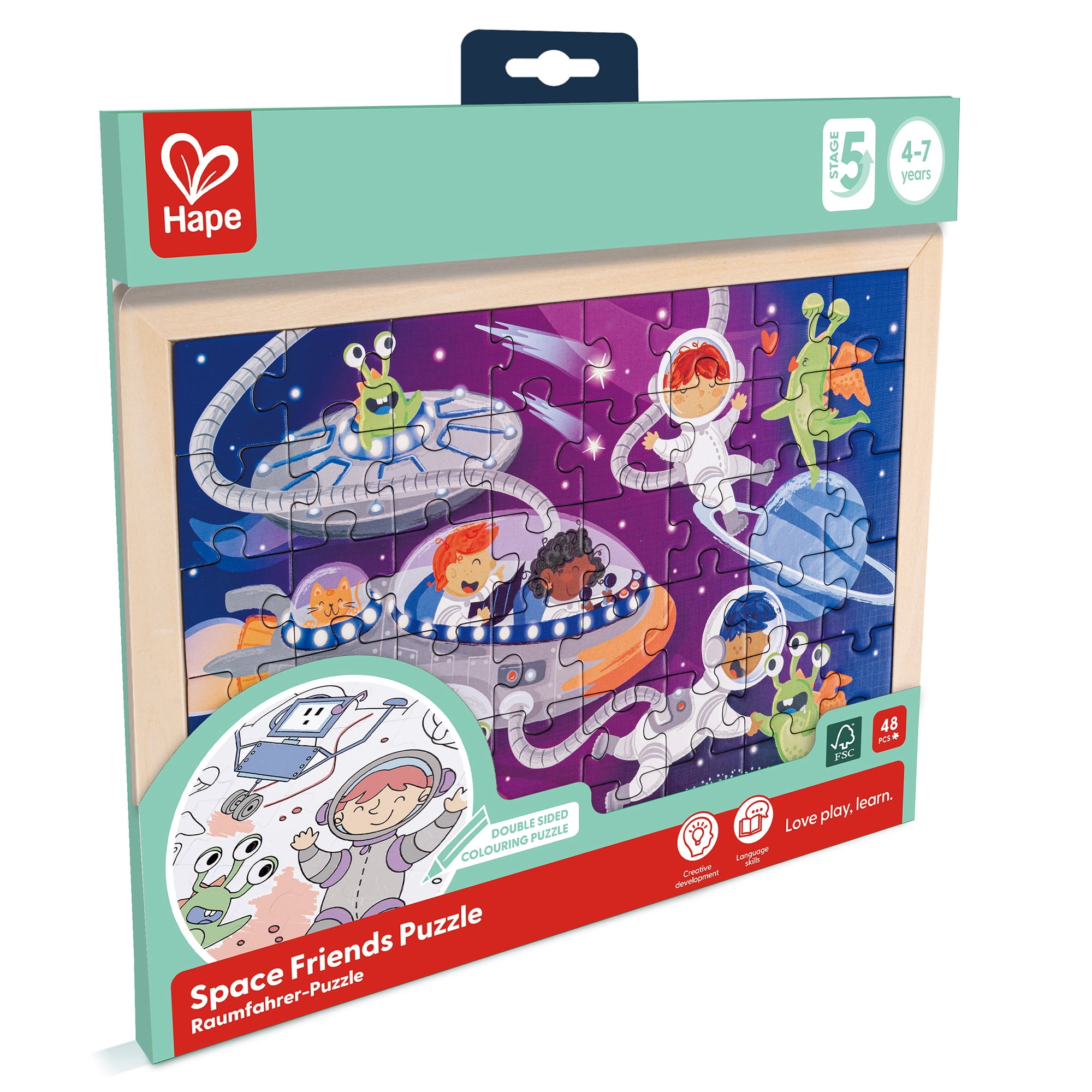 Hape: Space Friends Puzzle - 48pc, Double-Sided Coloring Puzzle, 1 Side ...