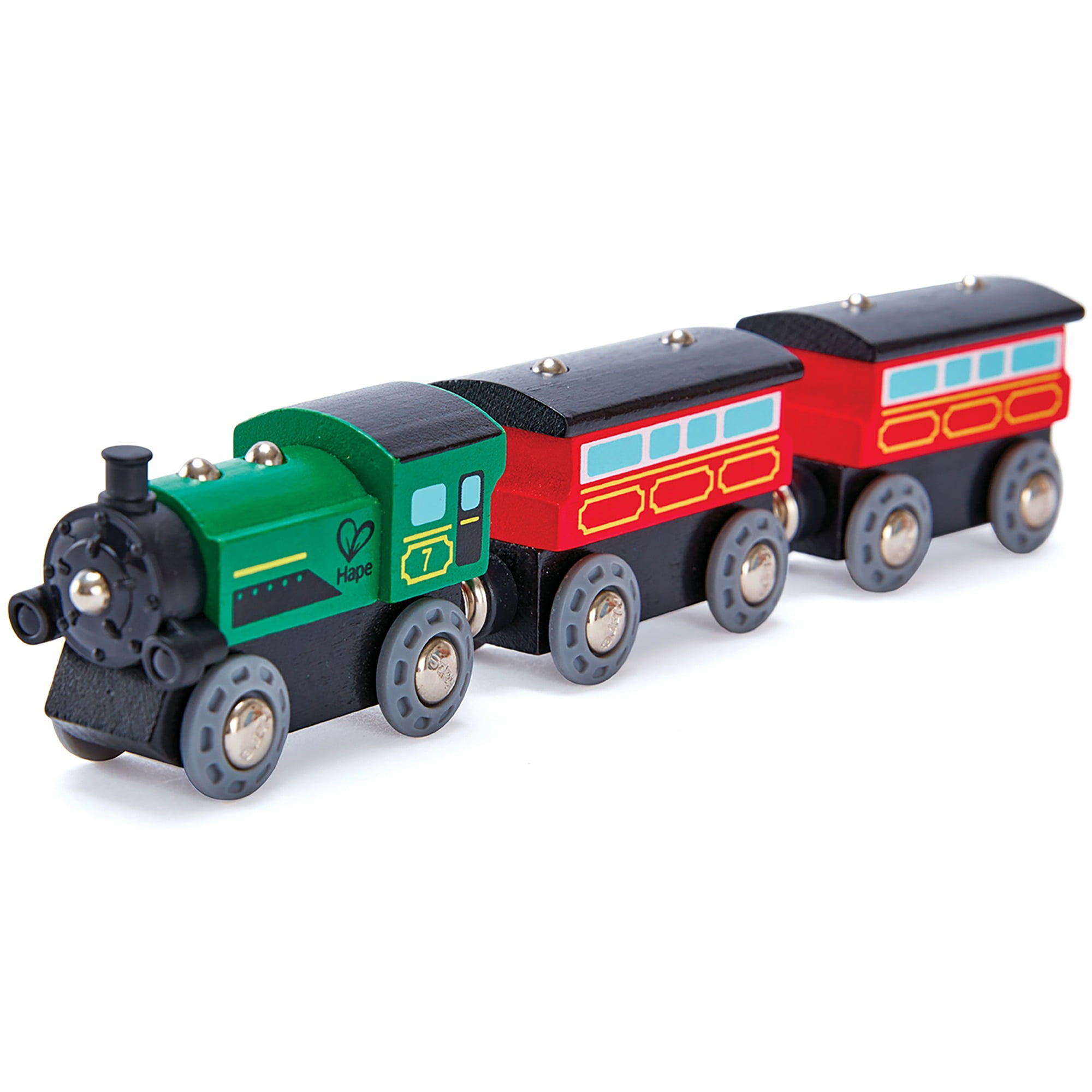 Hape: Steam-Era Passenger Train - Green & Red - 3pc Wooden Locomotive ...