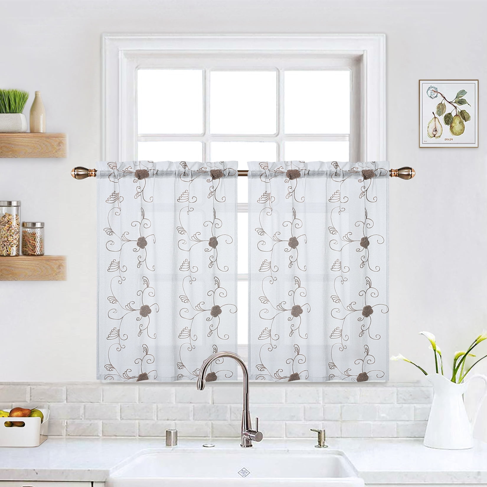 Haperlare 26"W x 30"L Sheer Kitchen Curtains Floral Embroidered Pom Pom ...