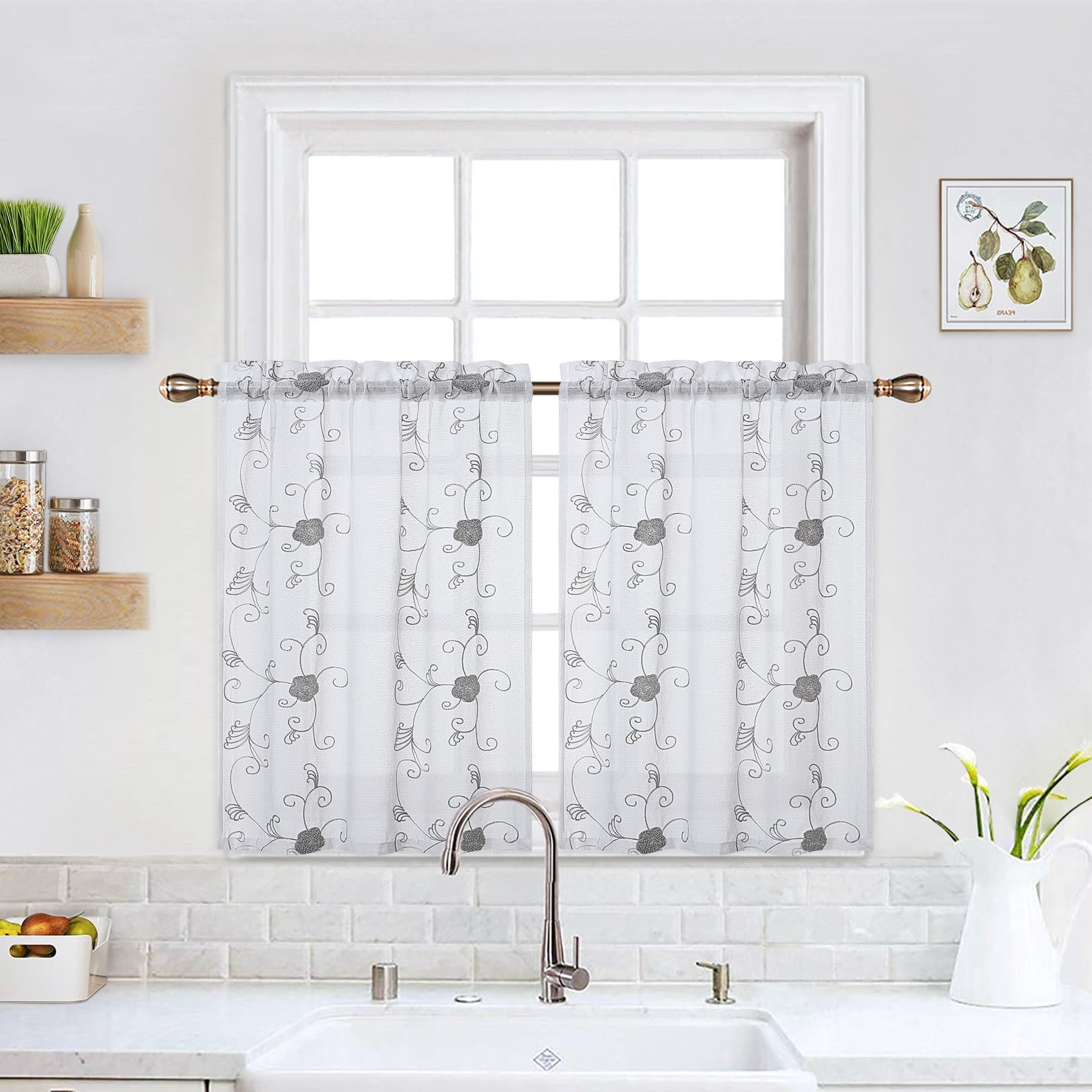 Haperlare 26"Wx24"L Sheer Kitchen Curtains Floral Embroidered Pom Pom ...