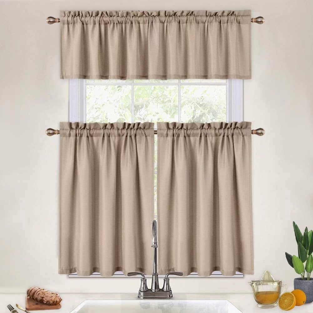Haperlare 3 Pcs Waffle Weave Kitchen Curtain Set, 36 inch, Light ...