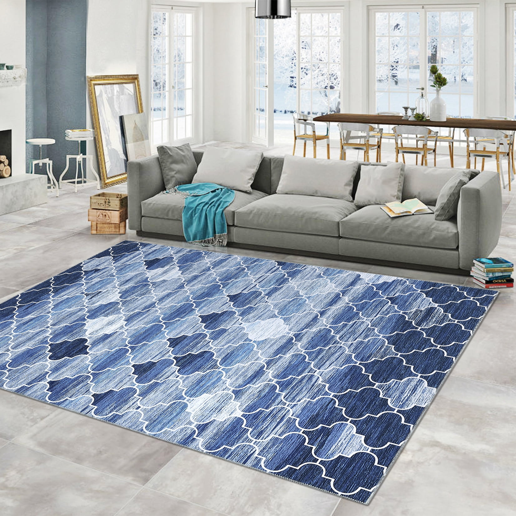 Haperlare Area Rugs Moroccan Blue Rug Low Pile Area Rug Distressed Non ...