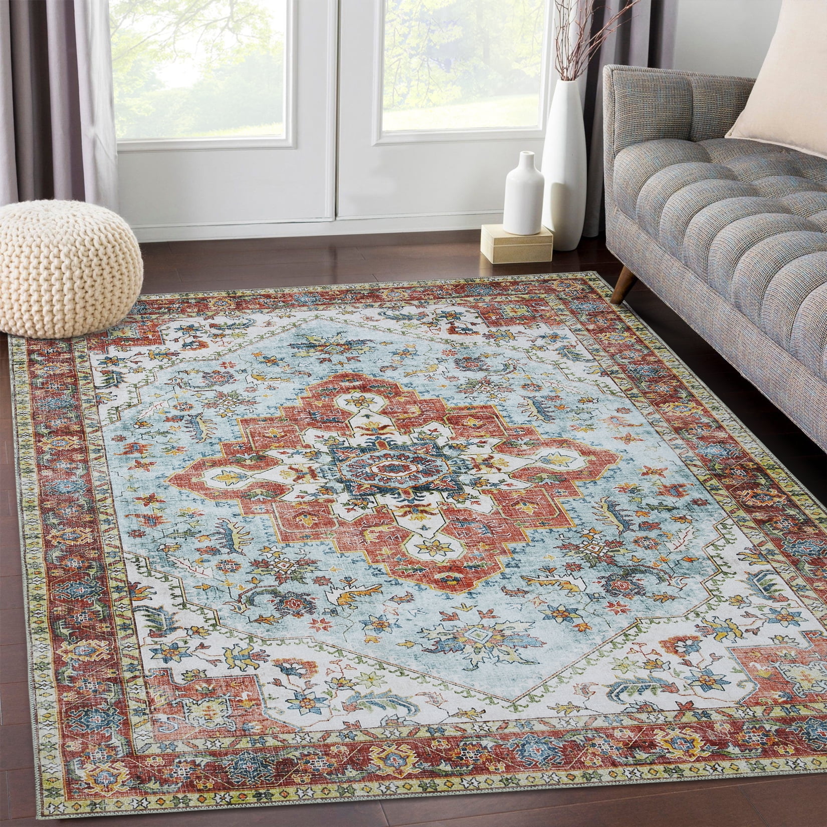 Haperlare Boho Area Rugs 5 x 7 Red Vintage Rug Washable Carpet Boho ...