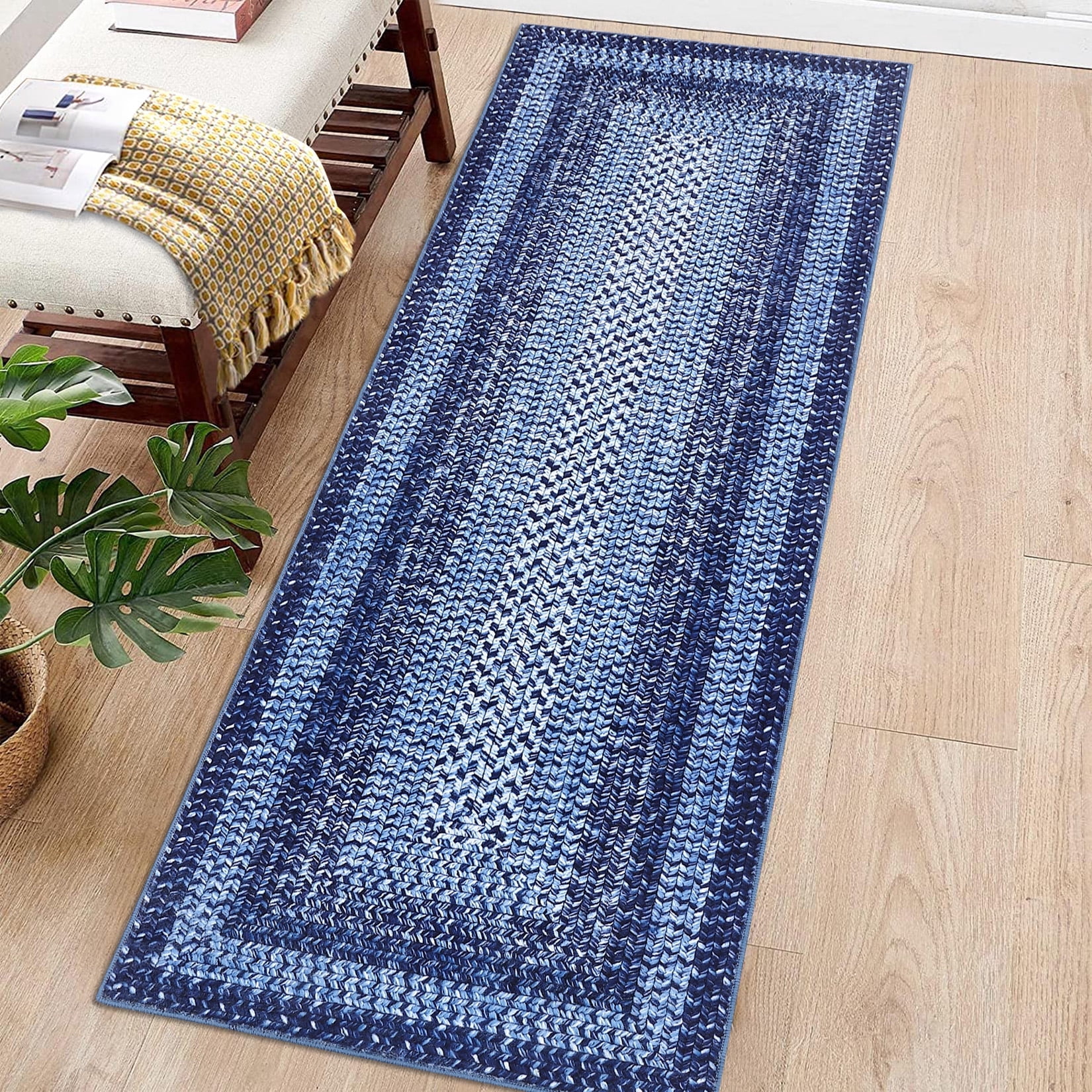 Haperlare Braided Print Runner Rugs for Hallway Navy Blue Machine ...