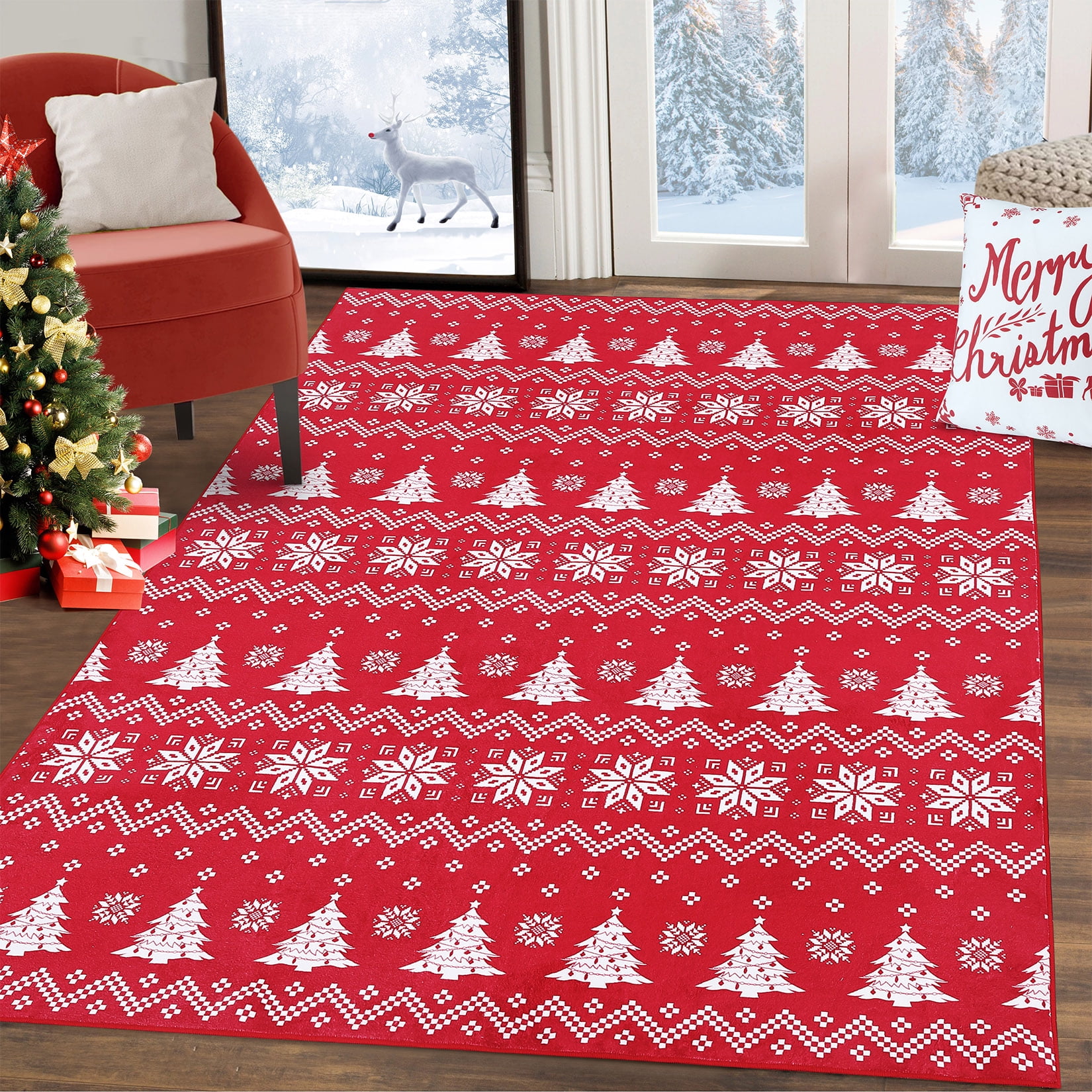 Haperlare Christmas Machine Washable Area Rugs Snowflake and Xmas Tree ...