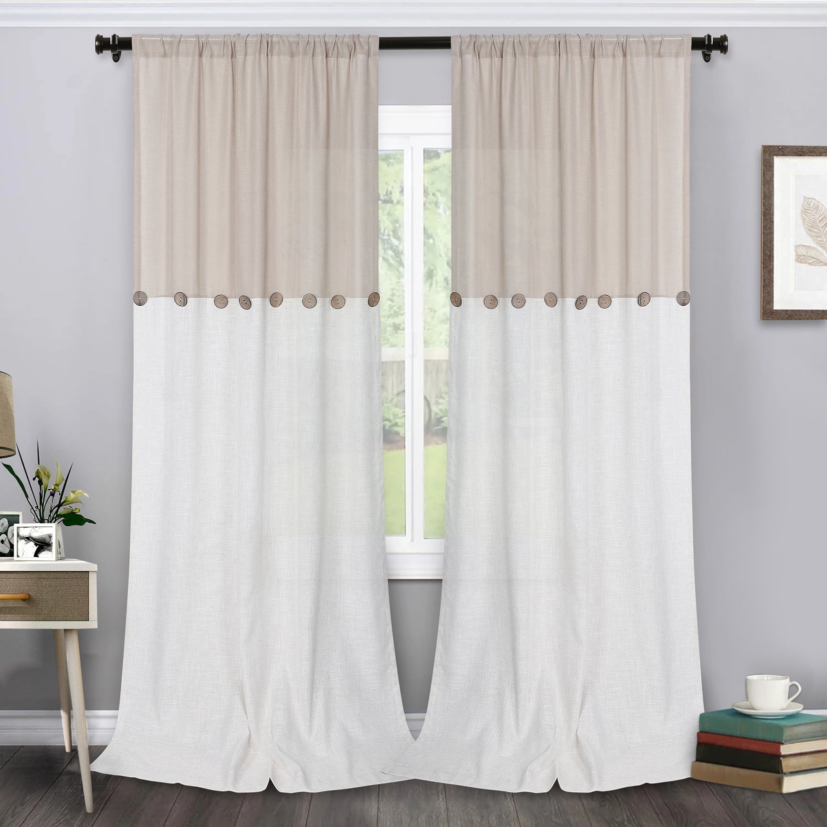 Haperlare Color Block Window Curtain 95 inches Long Linen Blend Button ...