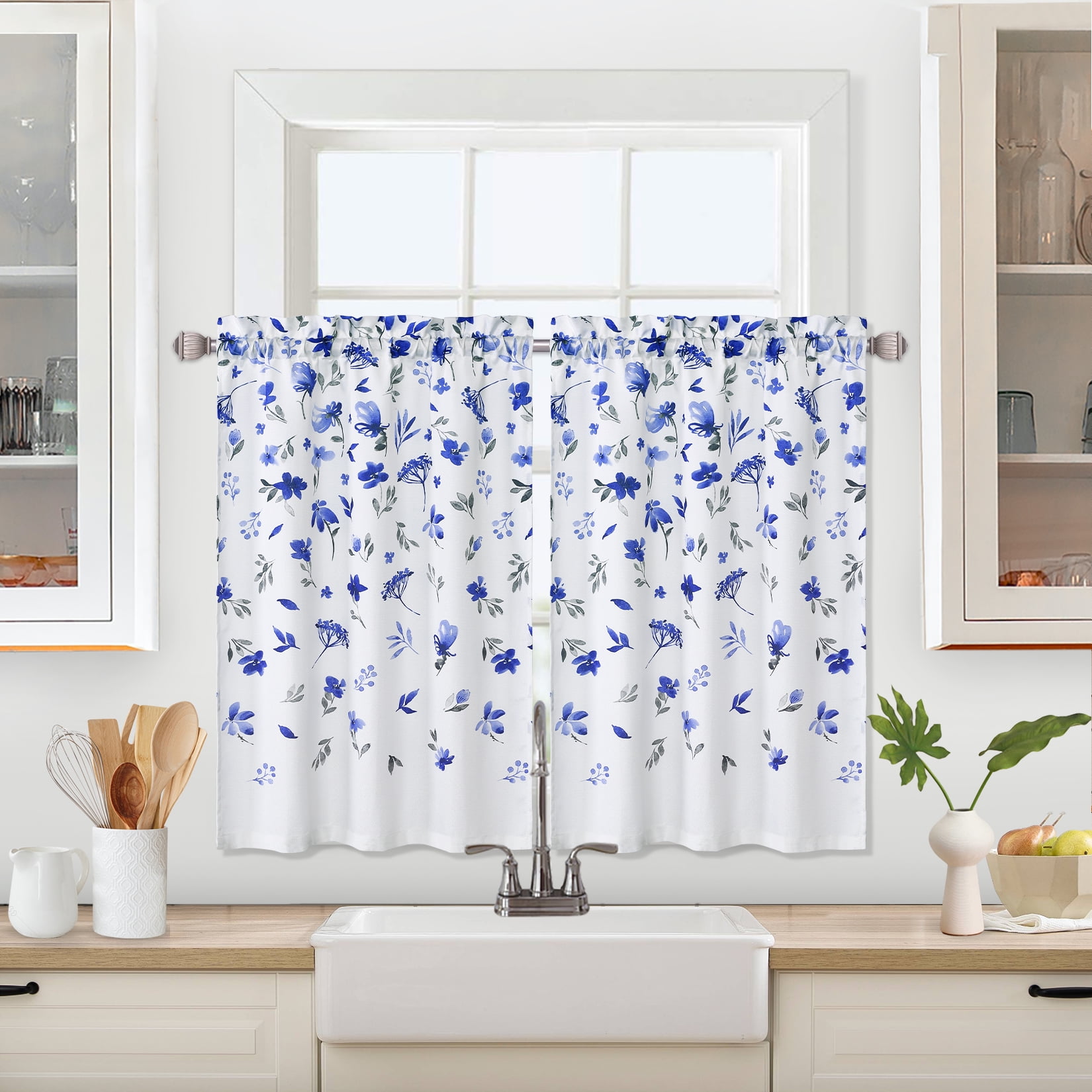 Haperlare Green Floral Kitchen Curtains Watercolor Leaf Print Rod ...