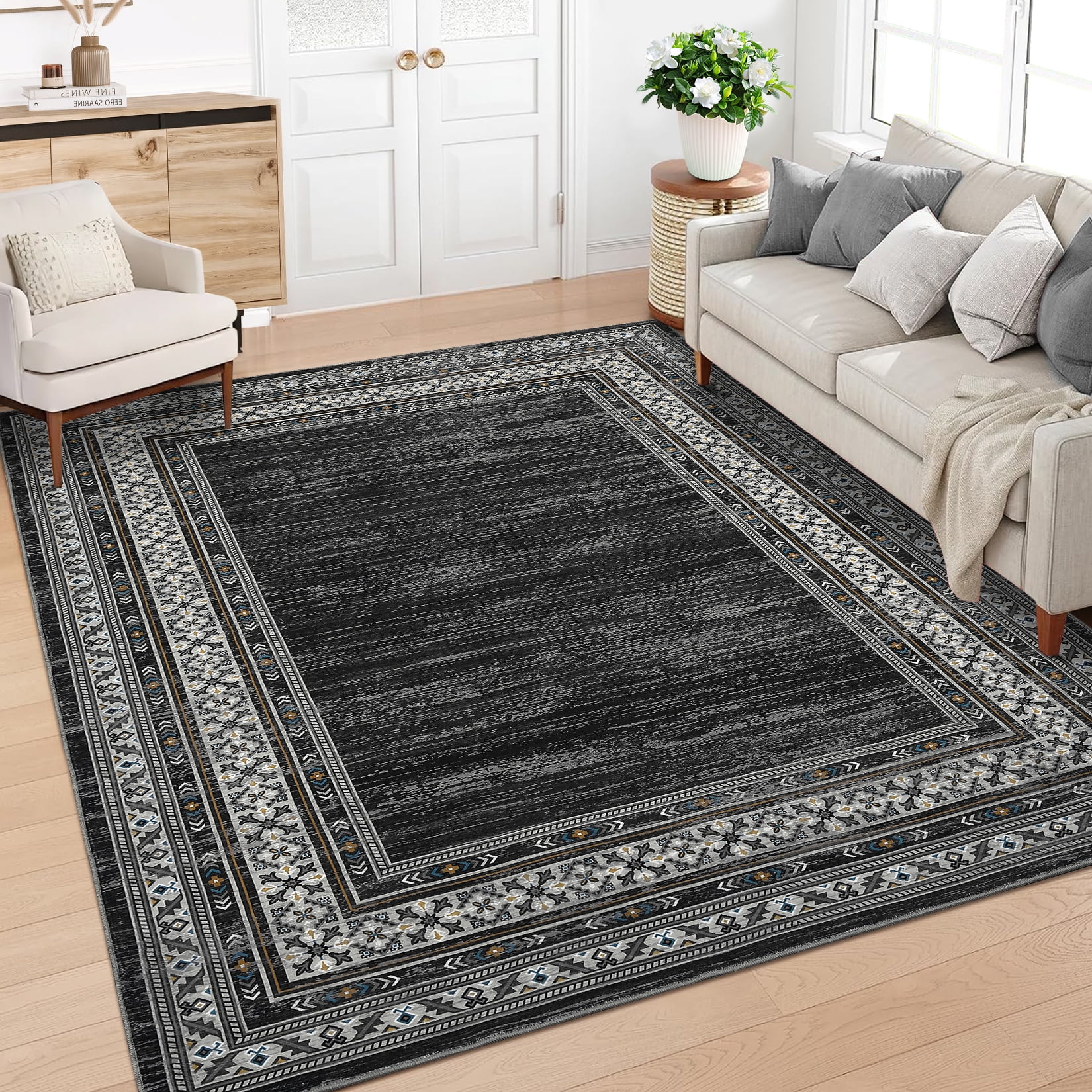 Haperlare Machine Washable Rugs for Living Room Bordered Print Stain ...
