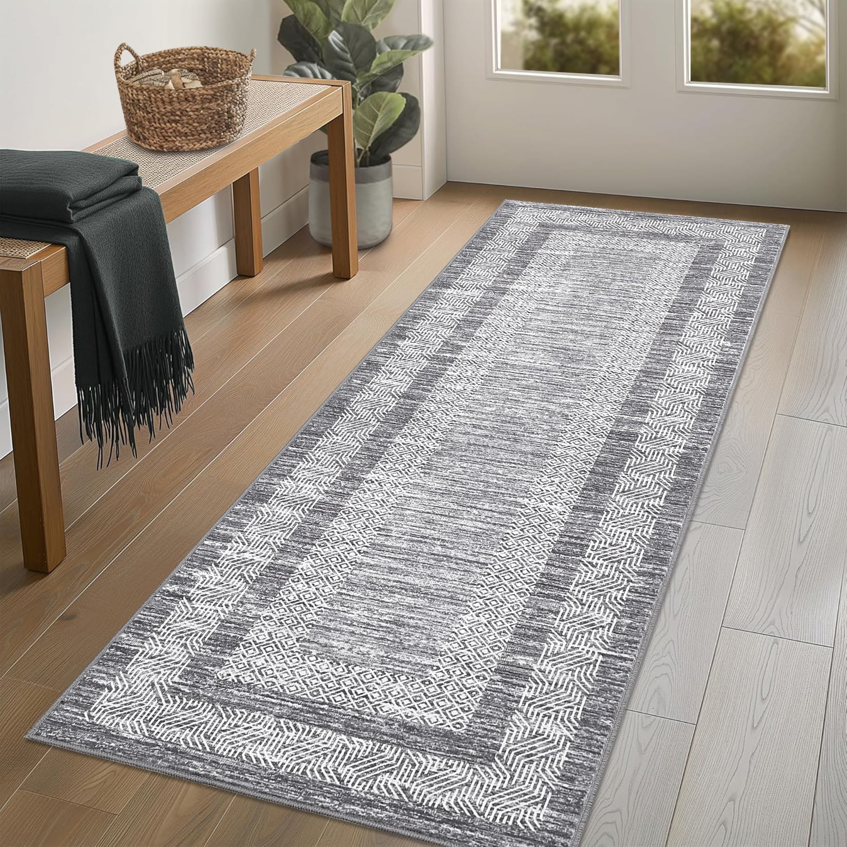 Haperlare Machine Washable Runner Rug Bordered Geometric Modern Runner ...