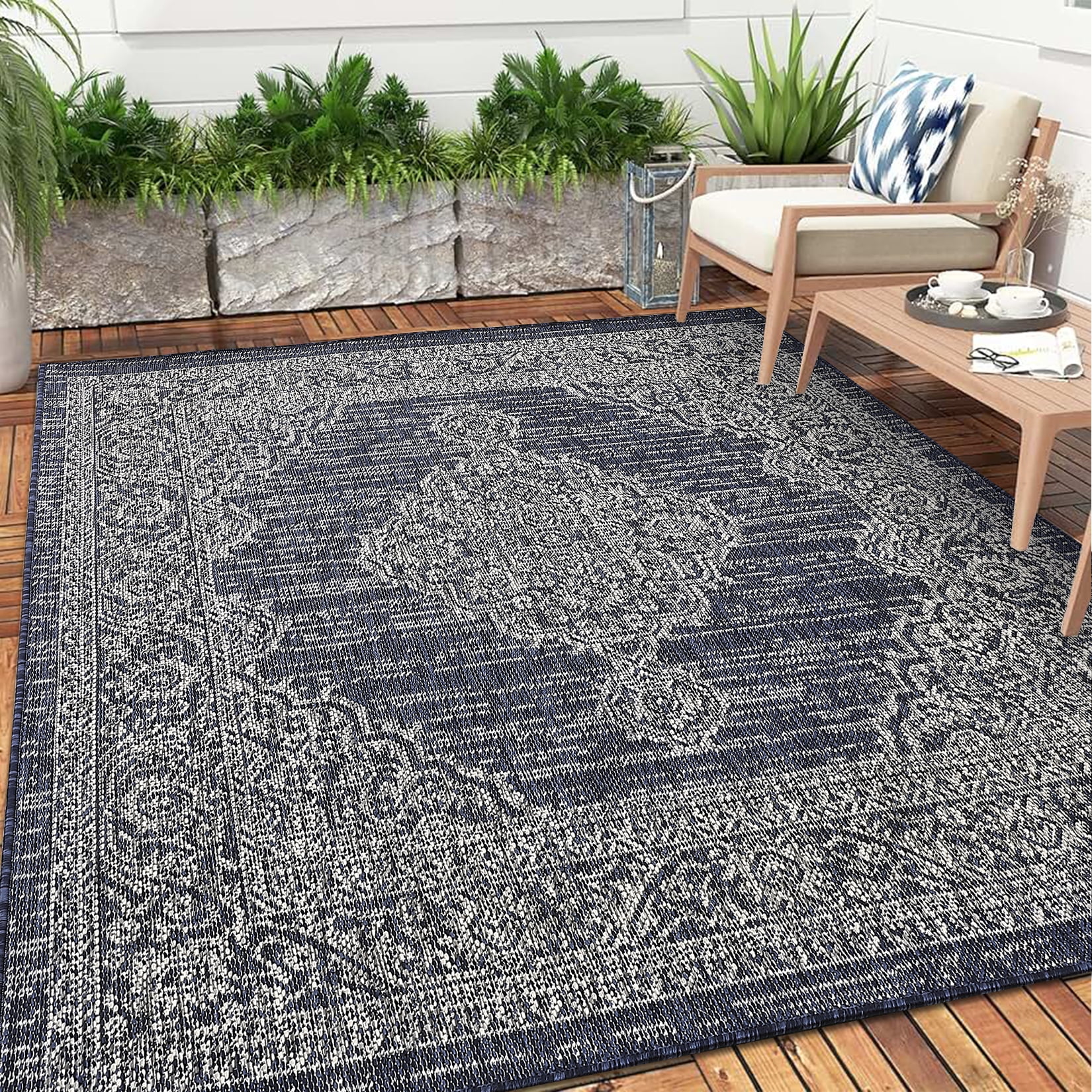 Haperlare Navy Indoor/Outdoor Area Rug 5'3" x 7'3" Bohemian Rustic ...
