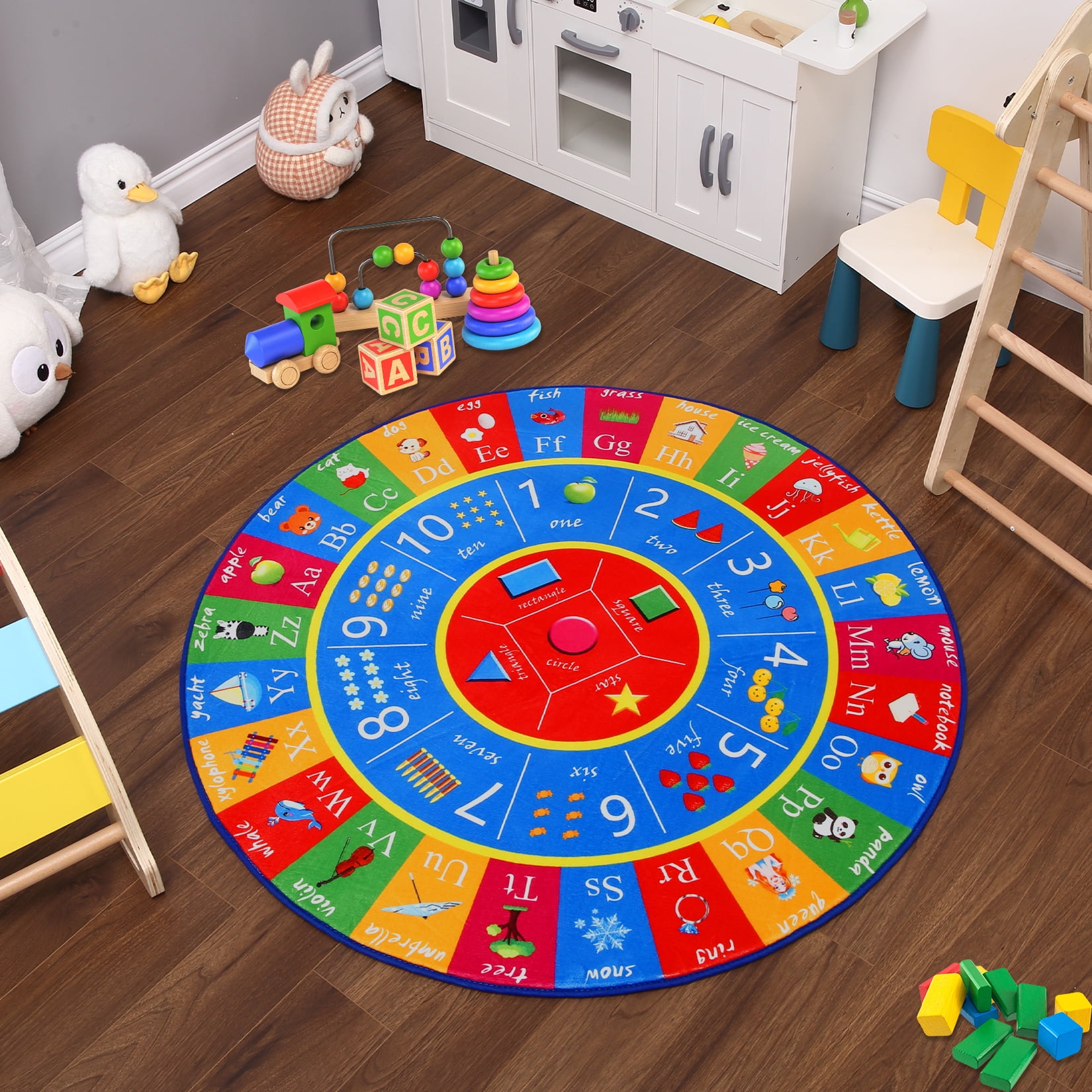 Haperlare Round Kids Play Rug 4ft ABC Alphabet Numbers Shapes Learning ...