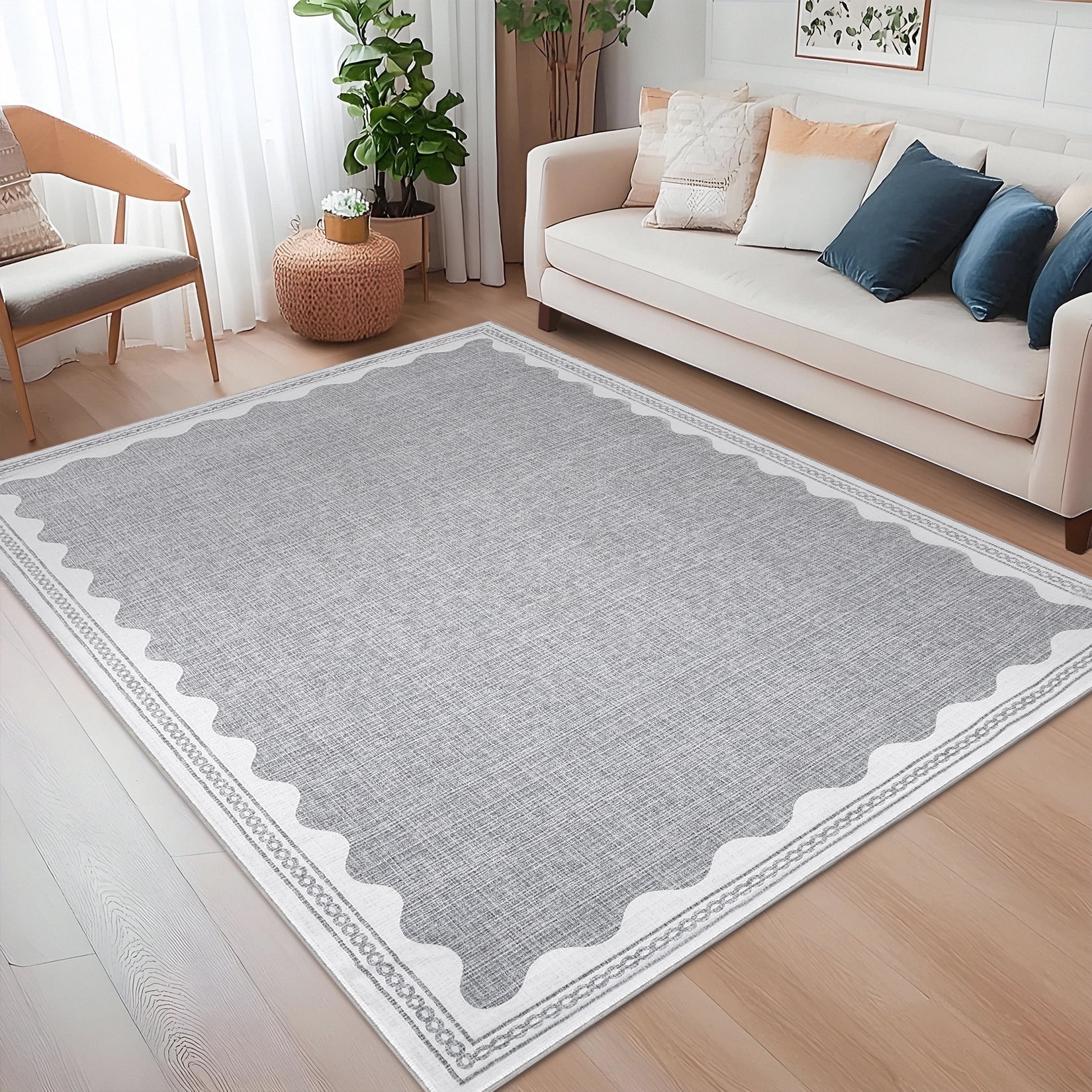 Haperlare Scalloped Modern Solid Area Rugs, 8x10 Machine Washable Rug ...