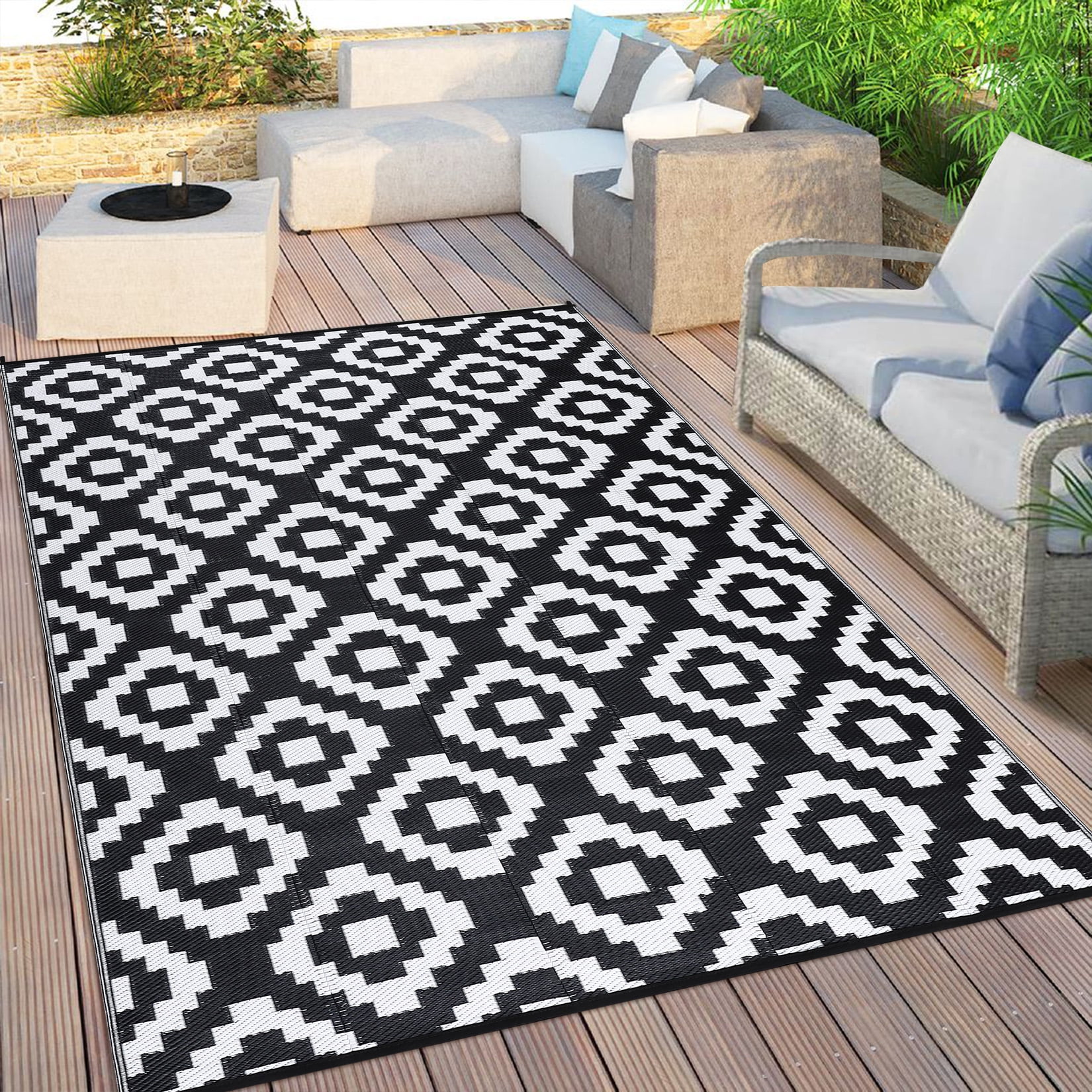 Haperlare White Black Moroccan Outdoor Area Rug 9x18 ft Waterproof ...