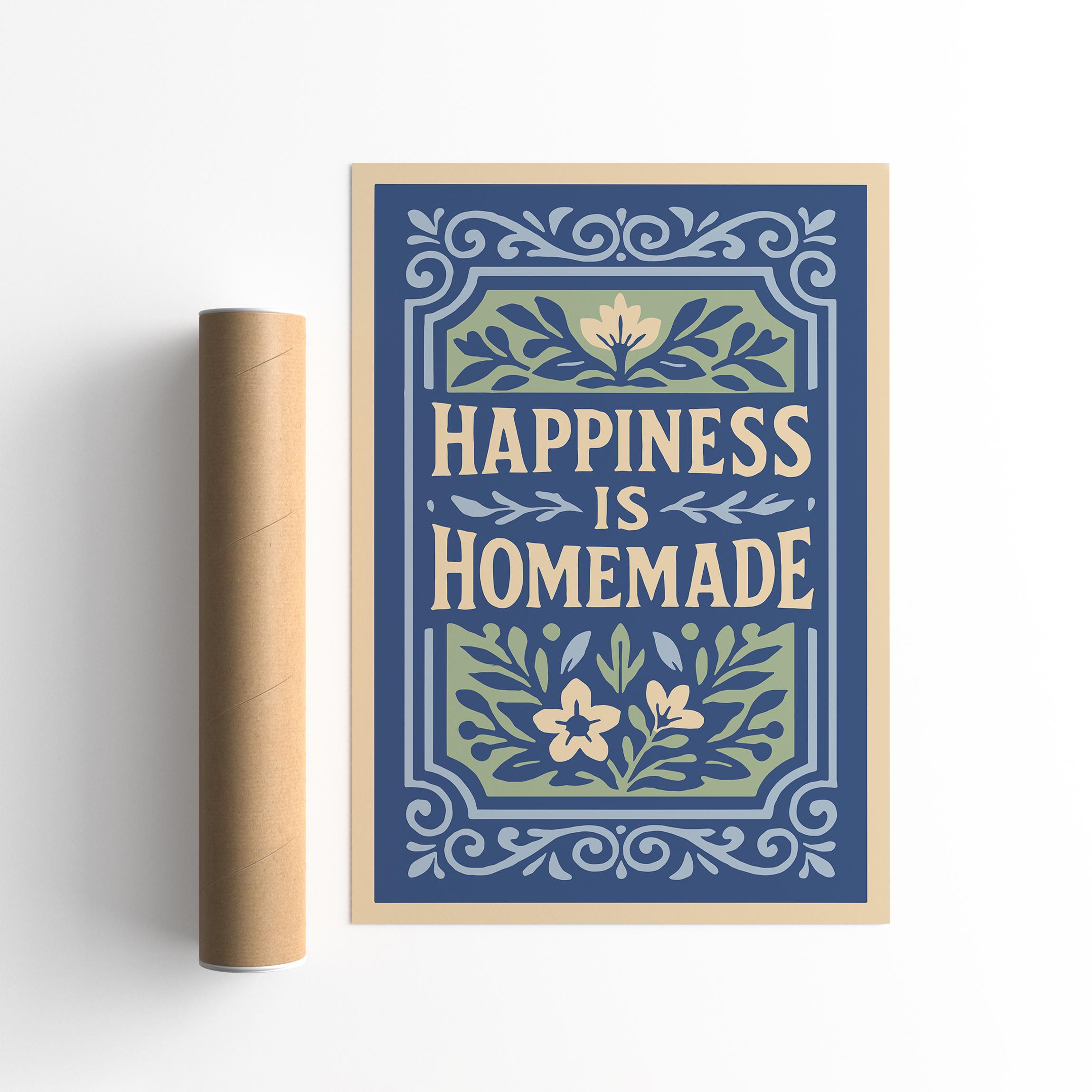 Happiness Is Homemade Print: Blue Floral Farmhouse Kitchen Wall Art ...