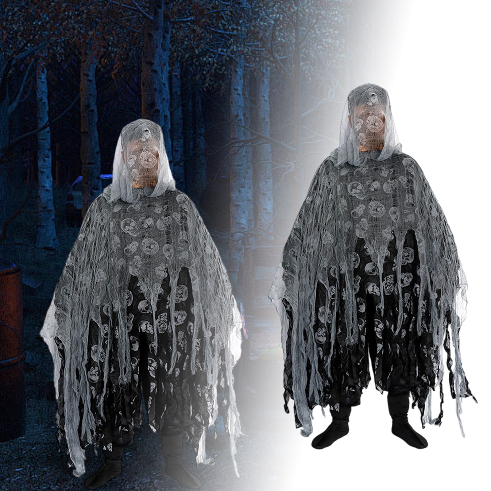 Happini 175cm Halloween Skeleton Cape Full Length Cloak With Hood For ...