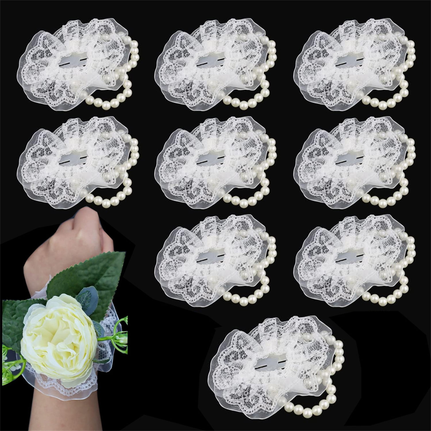 Happon 10 Pieces Wedding Elastic Pearl Wrist Corsage Bands, DIY Flower ...