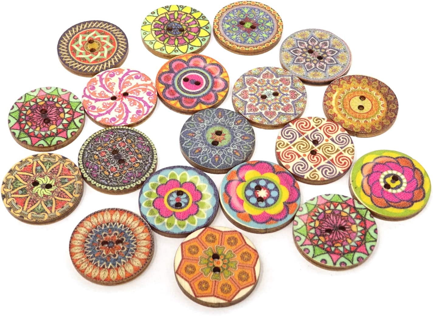 Happon 100 Pcs Mixed Random Painted Flower Wooden Buttons, 2 Holes 25 ...