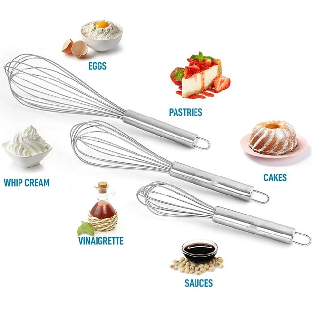 Happon 3 Pcs Large Small Metal Mini Whisk Sets, Stainless Steel Egg ...