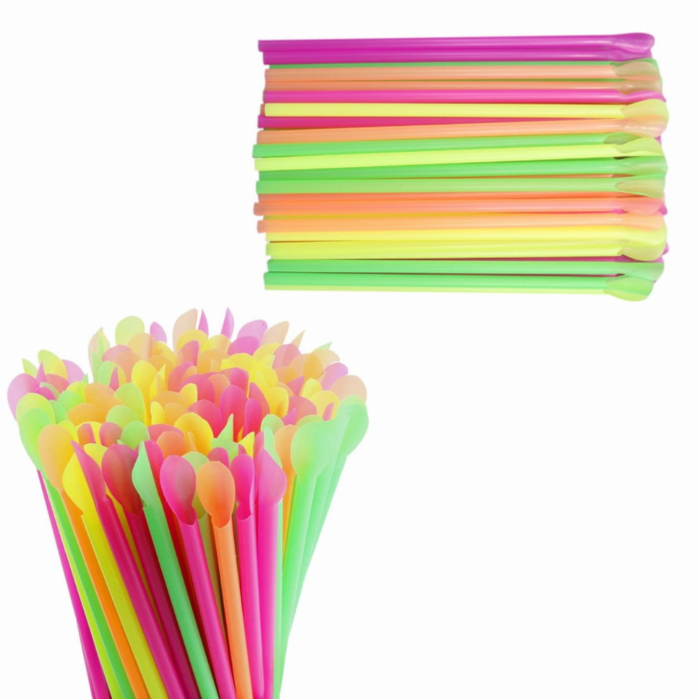 Happon 300 Pcs Disposable Straws with Spoon Assorted Color Plastic ...