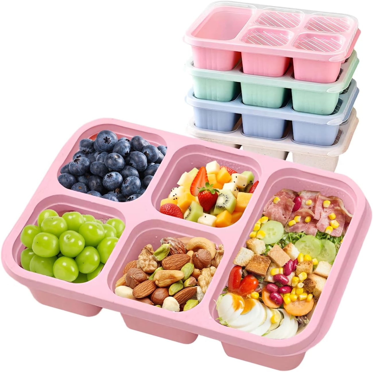 Happon 4 Pack 5 Compartment Snack Containers,Reusable Food Containers ...
