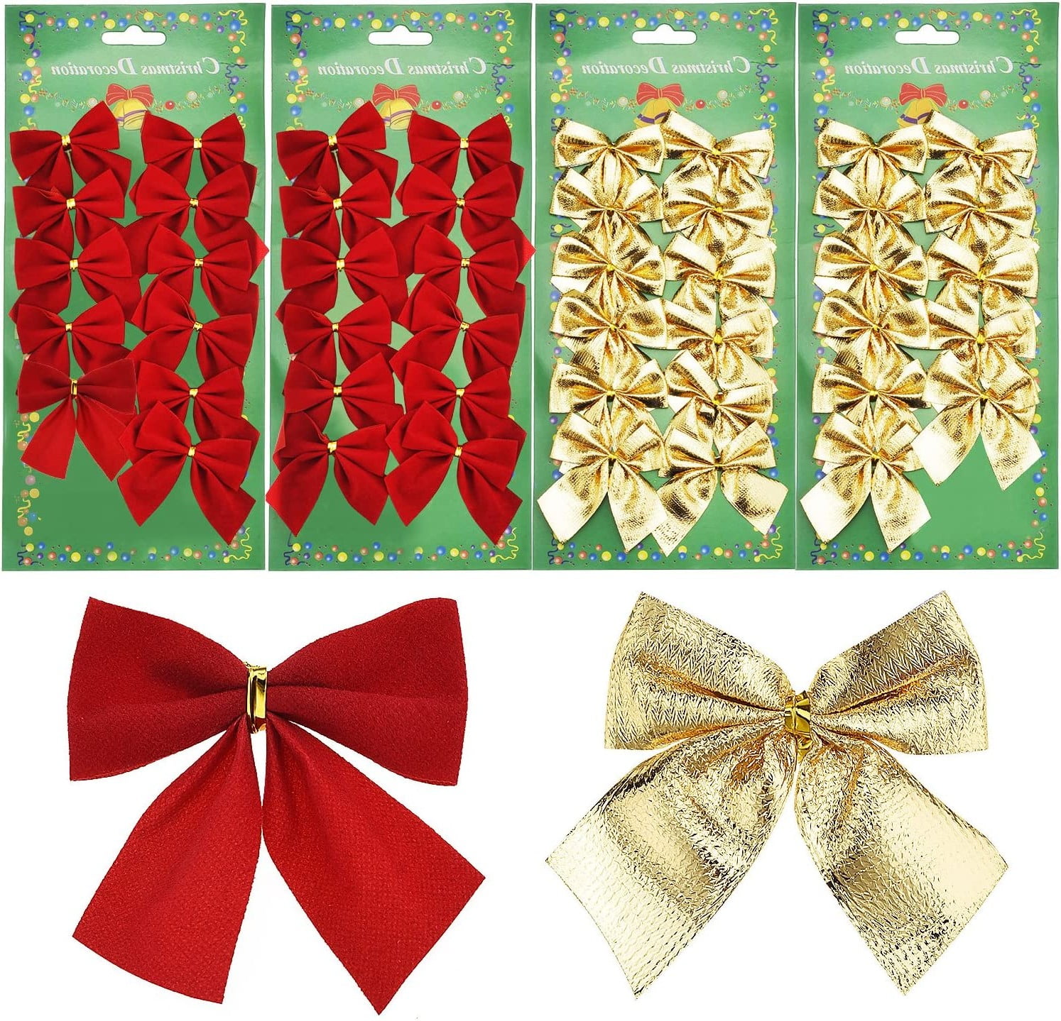 Happon 48 Pcs Red & Gold Christmas Bows Mini Xmas Tree Bow Glitter ...