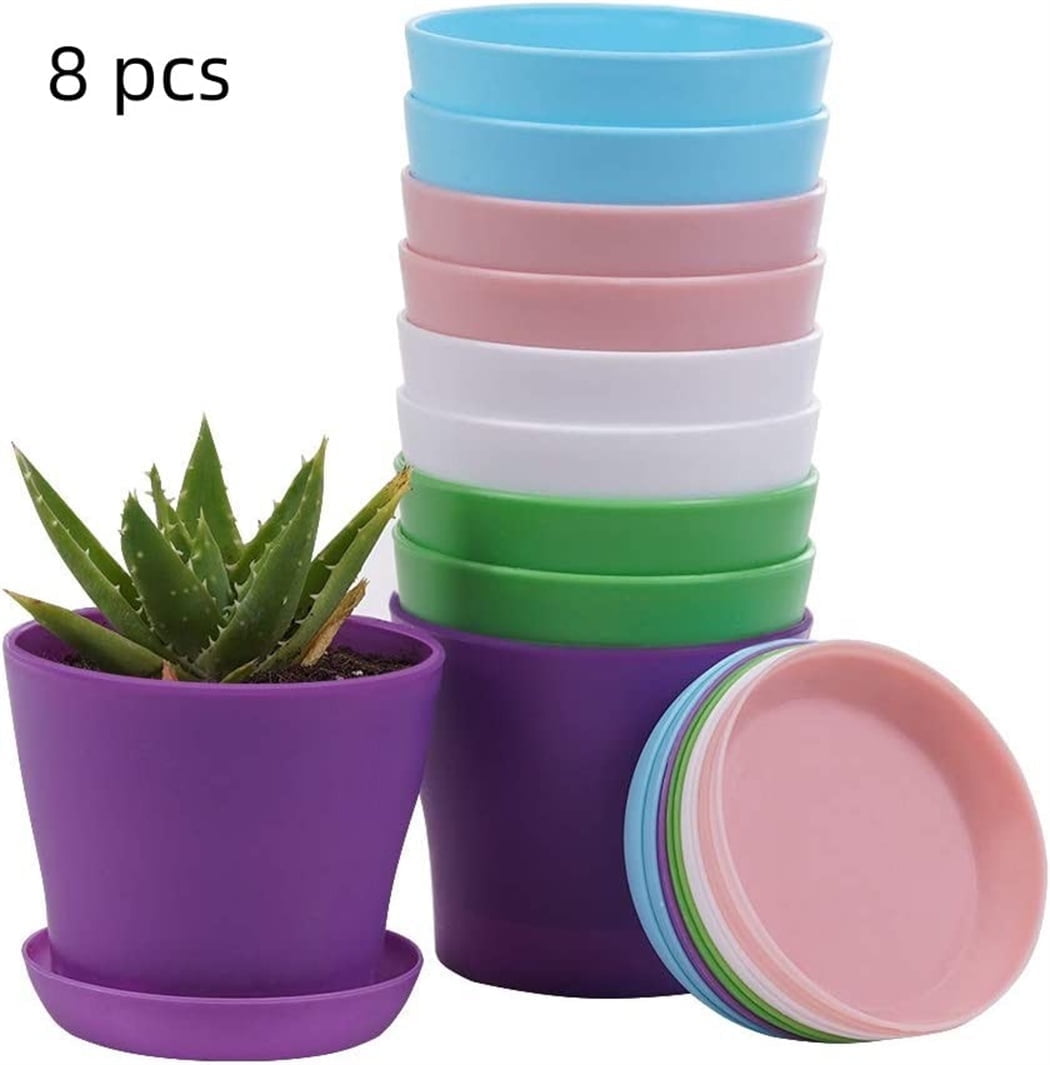 Happon Set of 8 Plastic Planters with Tray, 5.5 inch Indoor Pot for ...