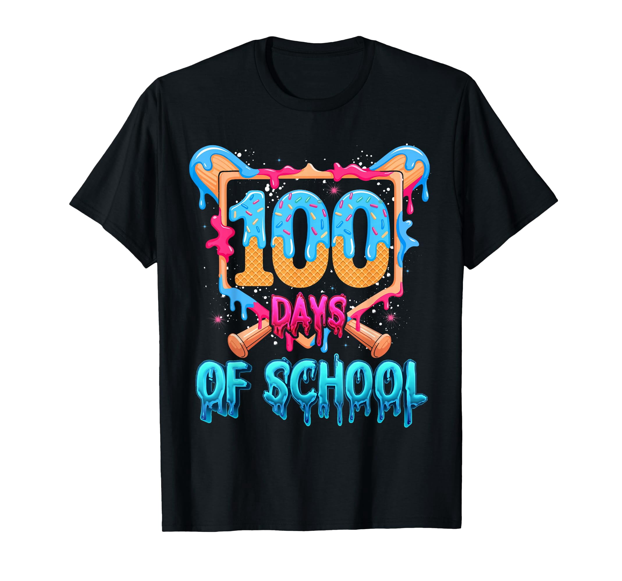 Happy 100 Days of School Baseball Drip T-Shirt with Colorful Ice Cream ...