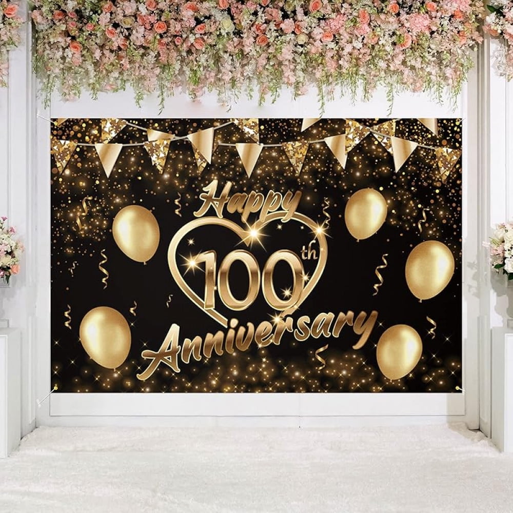 Happy 100th Anniversary Backdrop Banner Decor Black Gold – Glitter Love ...
