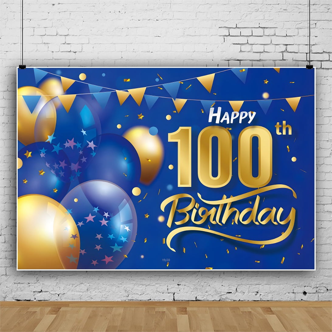 Happy 100th Birthday Backdrop Blue Gold Balloon Flag Photography ...