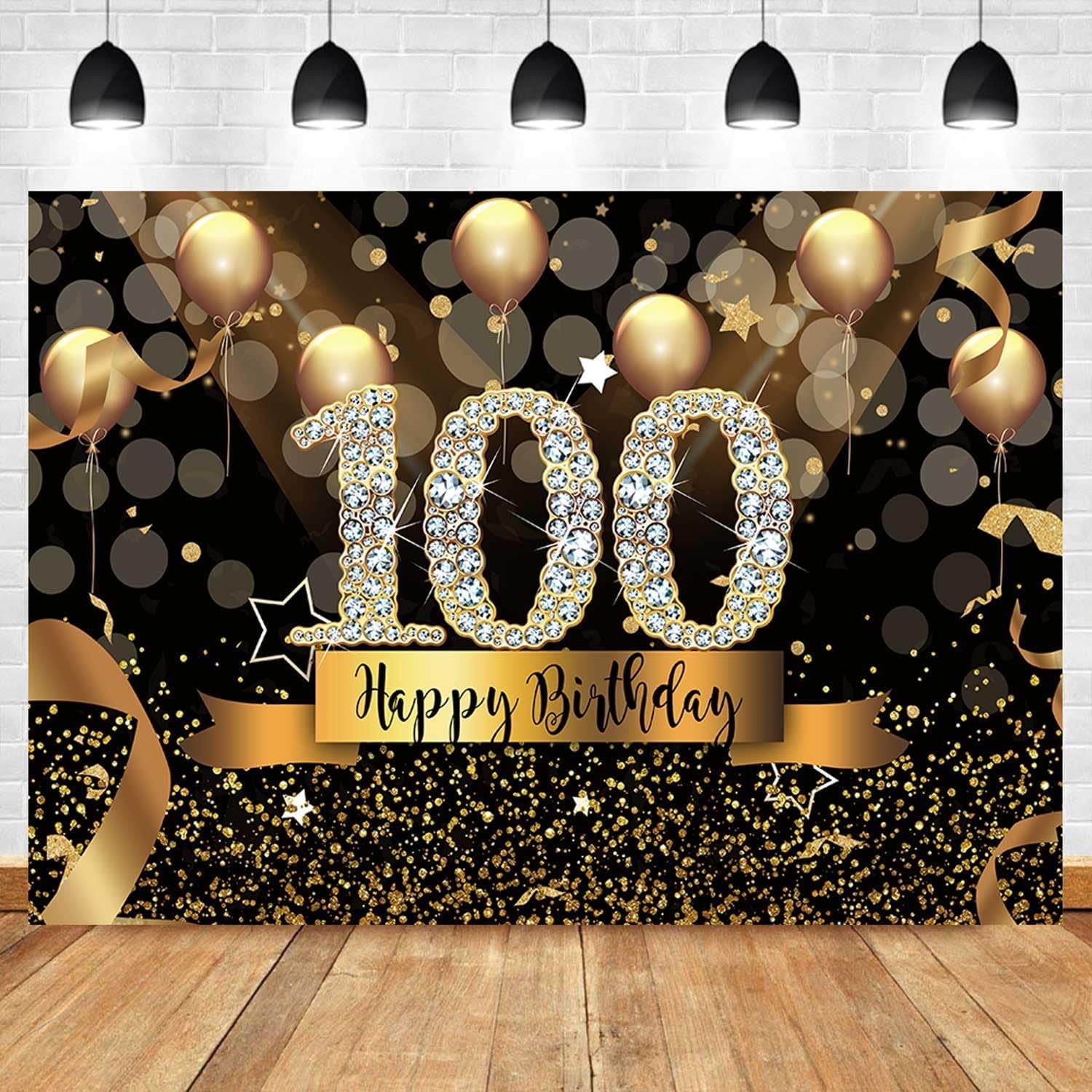 Happy 100th Birthday Backdrop for Women Men Black Gold Balloons Dots ...