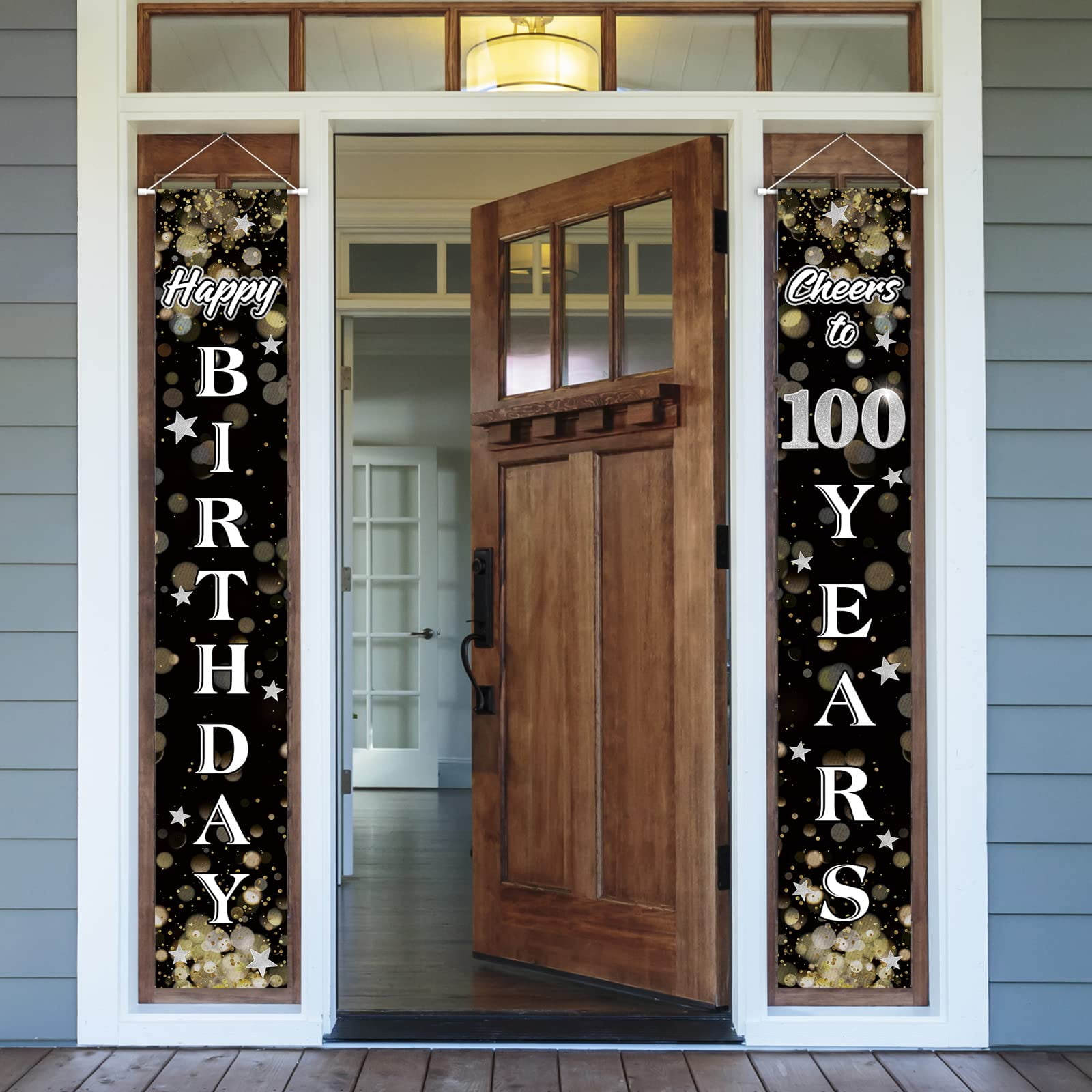 Happy 100th Birthday Banner - Black & Silver Star Door Sign - Cheers to ...